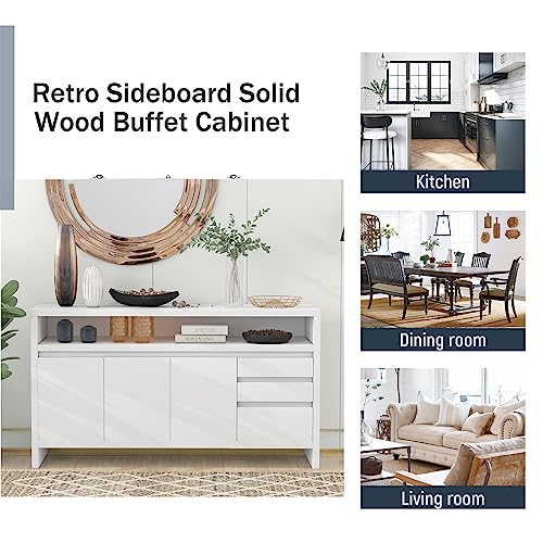 60" Sideboard Storage Cabinet Modern MDF Buffet Cabinet with Double-Storey Tabletop, 3 Door & 3 Drawer Kitchen Pantry Cupboard Entryway Console Cabinet for Hallway Living Room