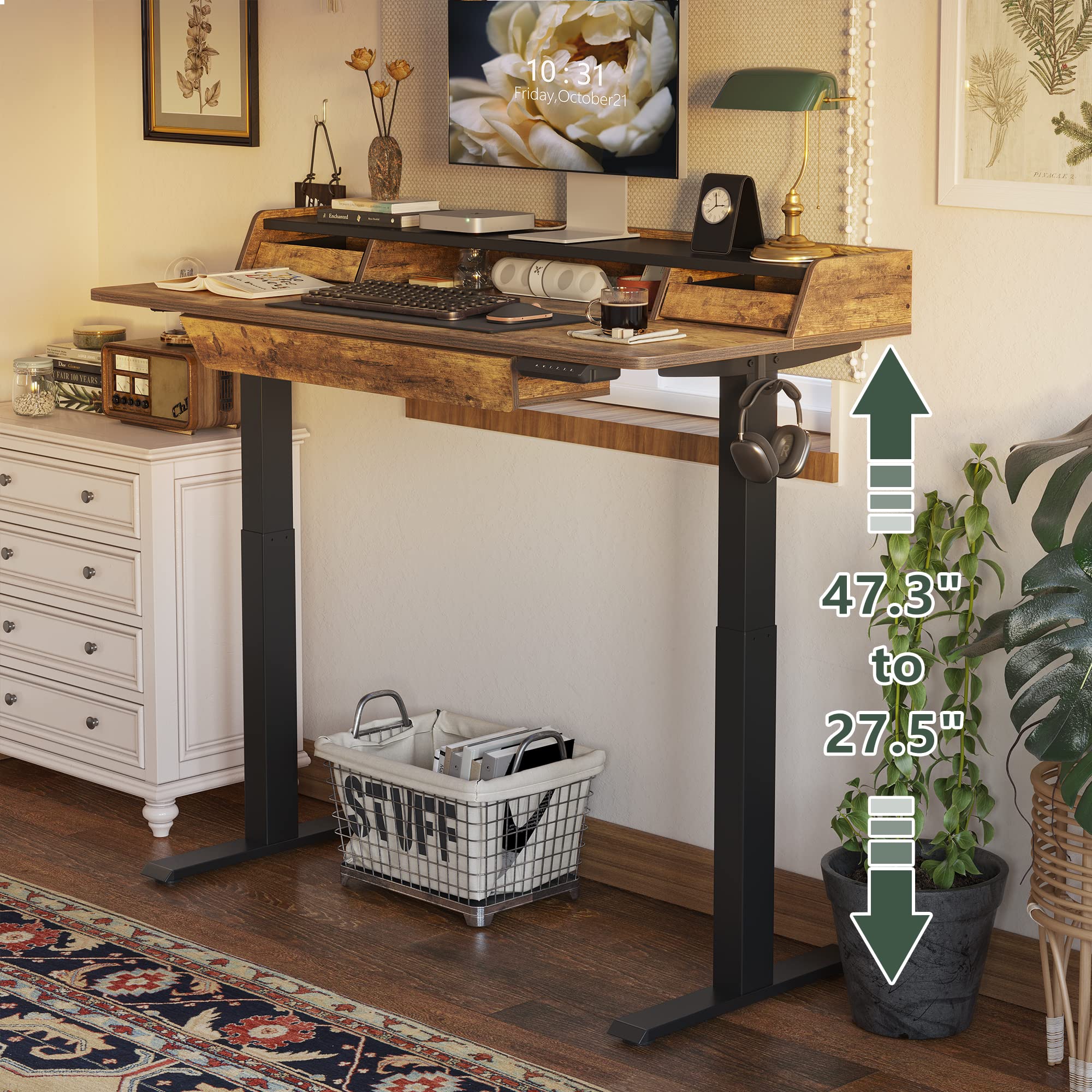 FEZIBO Electric Standing Desk, 55 x 24 Inches with 3 Drawers, Black Frame/Rustic Brown Top with File Cabinet