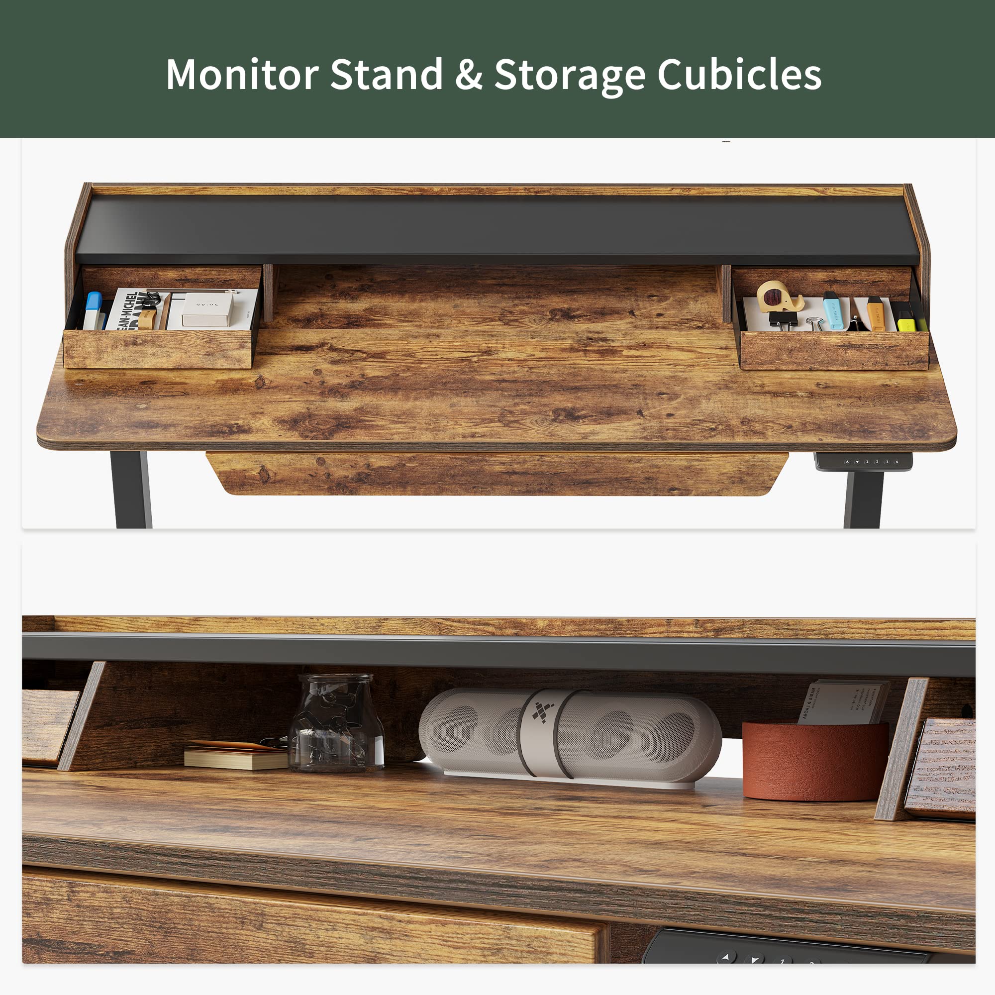 FEZIBO Electric Standing Desk, 55 x 24 Inches with 3 Drawers, Black Frame/Rustic Brown Top with File Cabinet