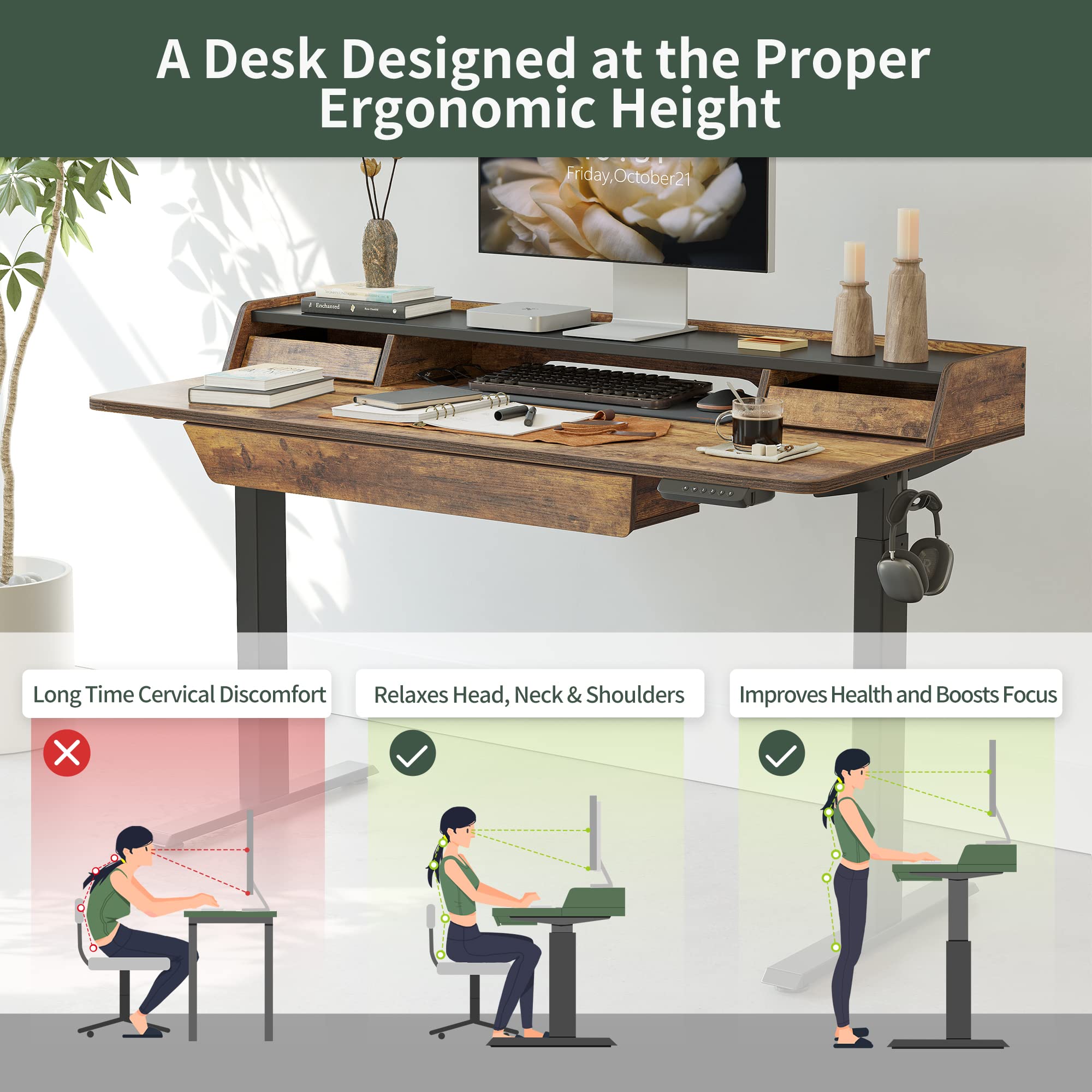 FEZIBO Electric Standing Desk, 55 x 24 Inches with 3 Drawers, Black Frame/Rustic Brown Top with File Cabinet