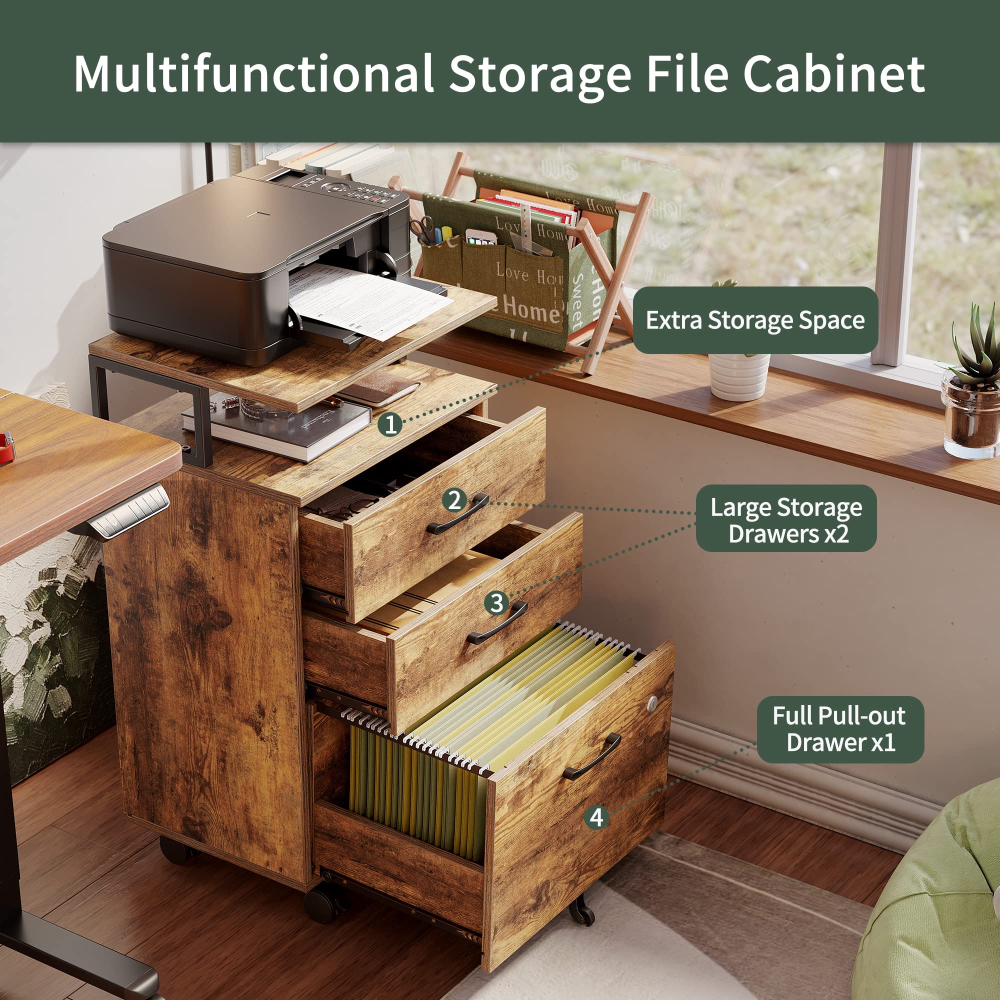FEZIBO Electric Standing Desk, 55 x 24 Inches with 3 Drawers, Black Frame/Rustic Brown Top with File Cabinet
