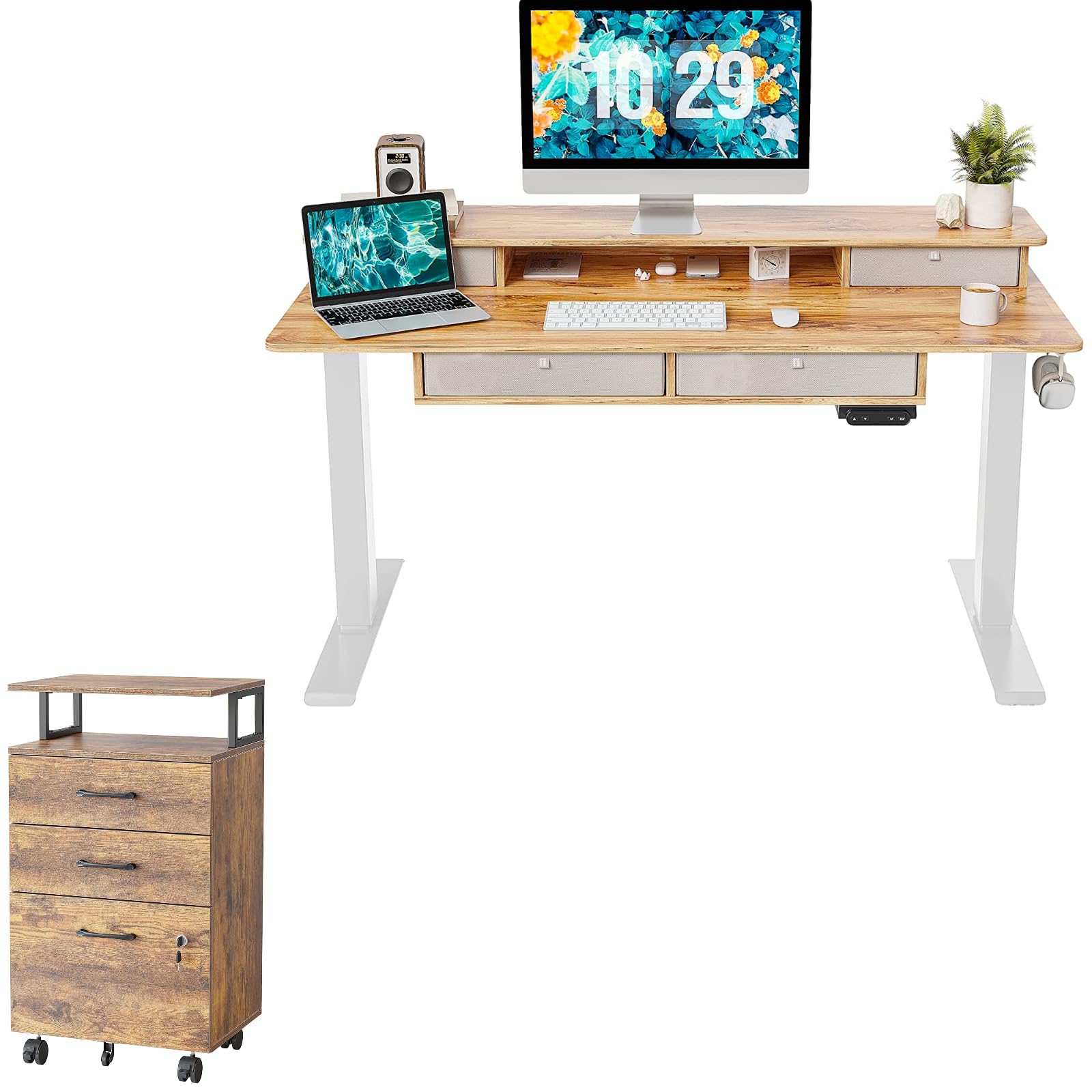 FEZIBO Height Adjustable Desk with 4 Drawers Storage and 3-Drawer Rolling Filing Cabinet