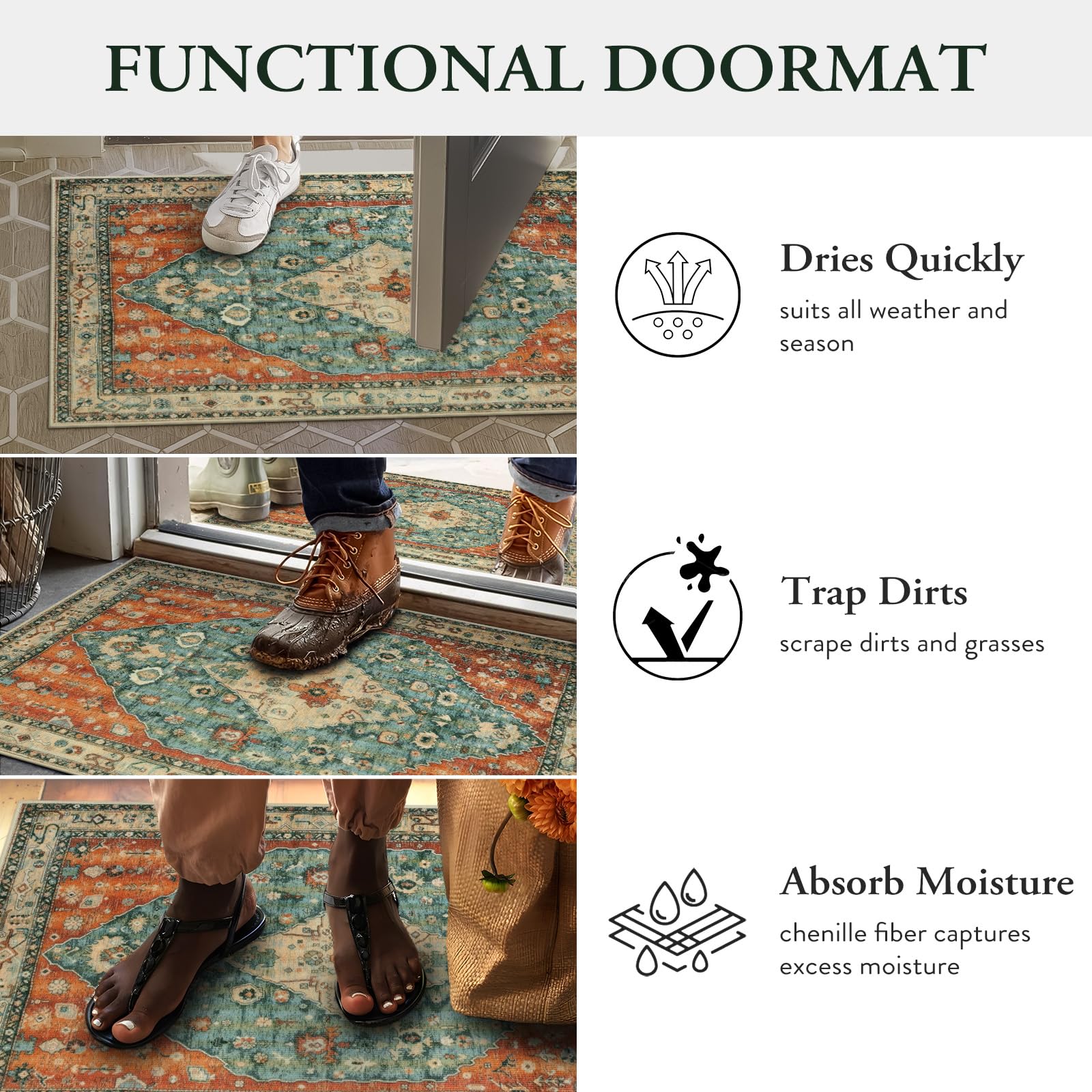 Lahome Boho Retro Ultra-Thin Indoor Door Mat 2x3,Washable Non-Slip 24"x35" Entryway Rugs Low-Pile Absorbent Front Door Doormats Inside Soft Entry Entrance Dirt Trapper,Orange