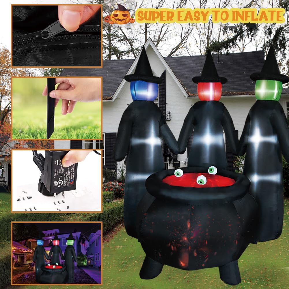 Halloween Decorations Inflatables Outdoor, 8.2FT Inflatable Halloween Three Witch Around Cauldron with Flame Light Halloween Blow Up Yard Decorations with Built-in LED for Outdoor Yard Patio Lawn