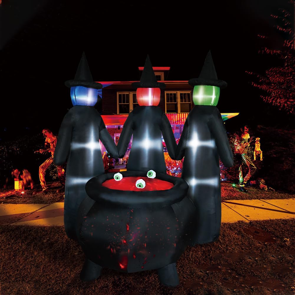 Halloween Decorations Inflatables Outdoor, 8.2FT Inflatable Halloween Three Witch Around Cauldron with Flame Light Halloween Blow Up Yard Decorations with Built-in LED for Outdoor Yard Patio Lawn