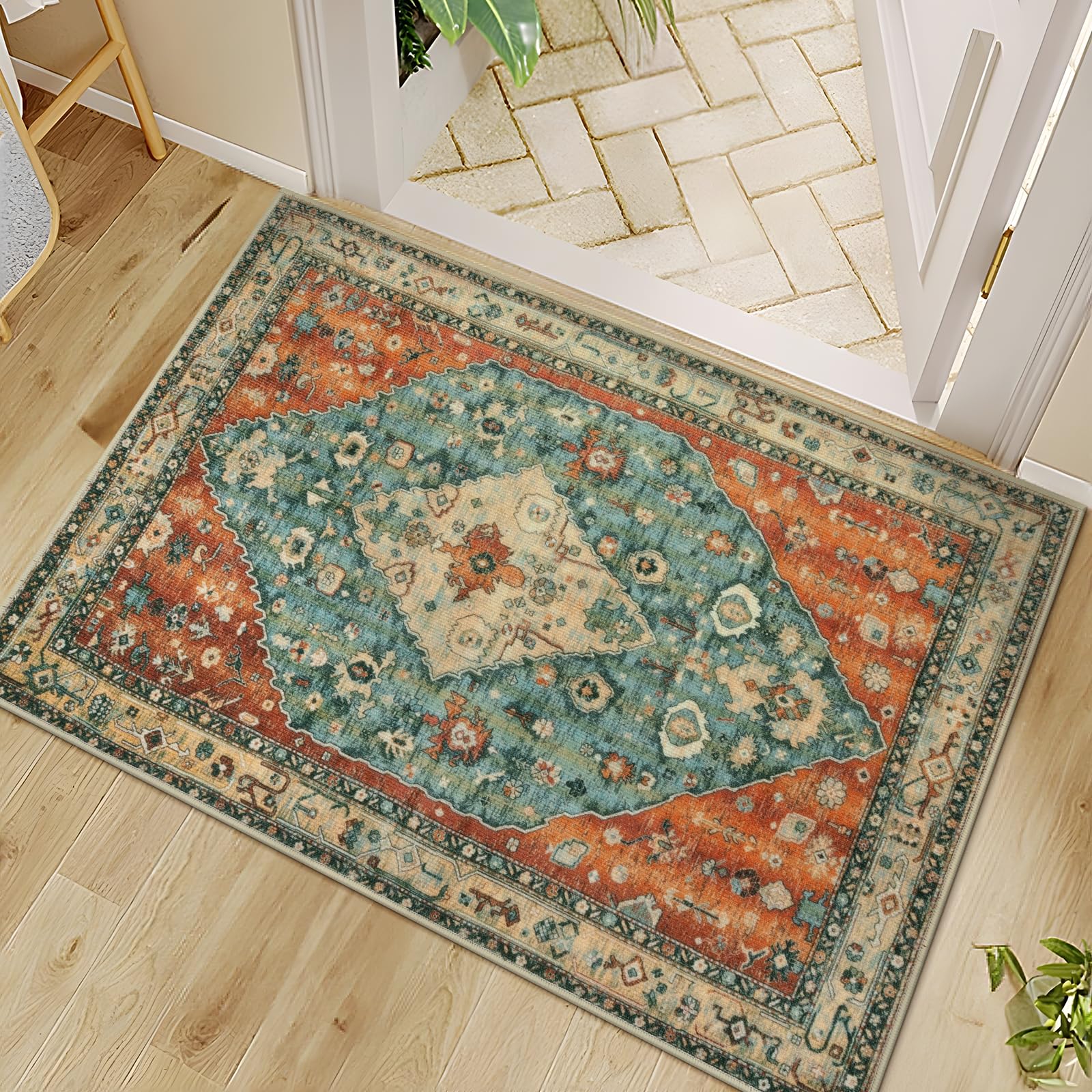 Lahome Boho Retro Ultra-Thin Indoor Door Mat 2x3,Washable Non-Slip 24"x35" Entryway Rugs Low-Pile Absorbent Front Door Doormats Inside Soft Entry Entrance Dirt Trapper,Orange