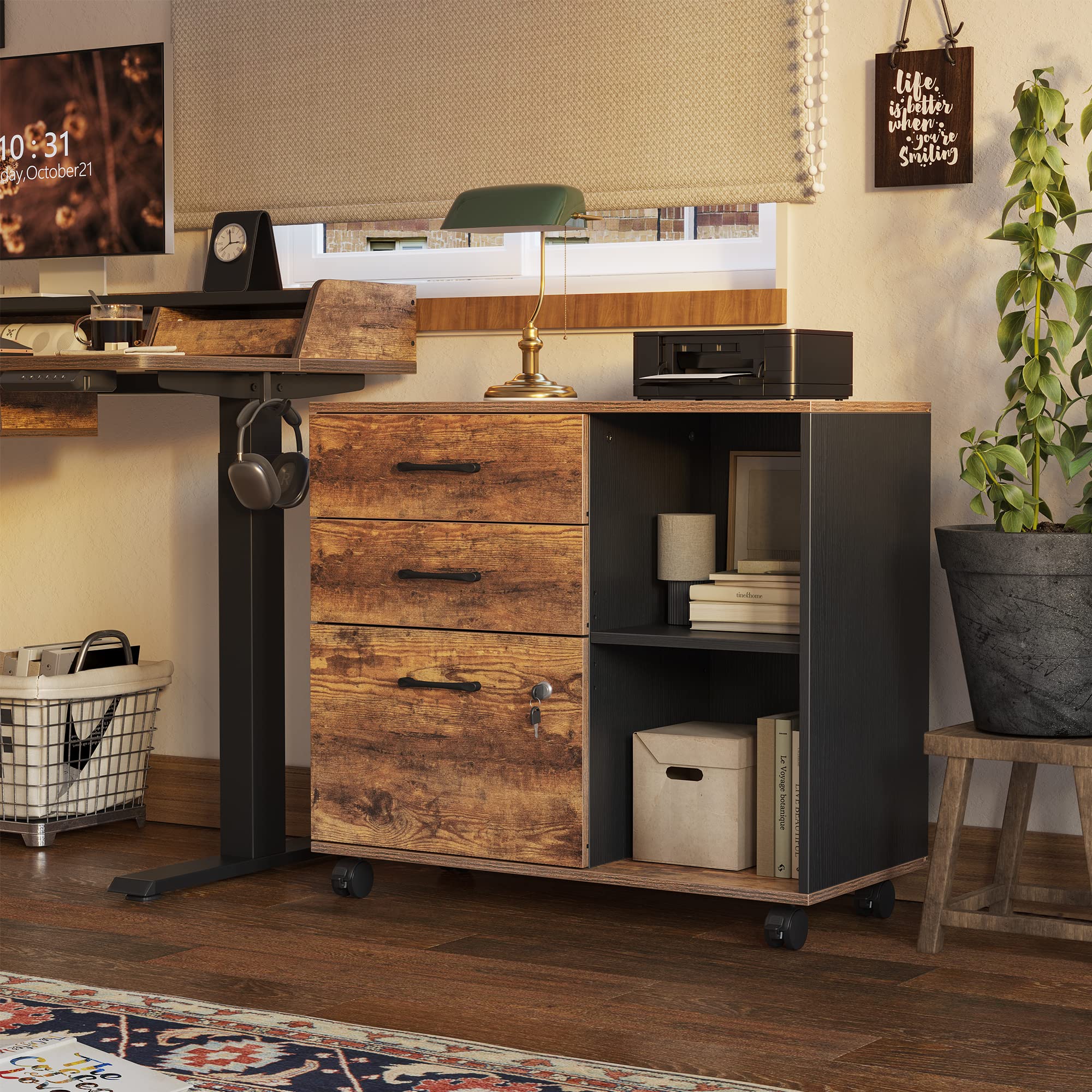 FEZIBO Height Adjustable Desk with 2 Drawers Storage and 3-Drawer Mobile File Cabinet