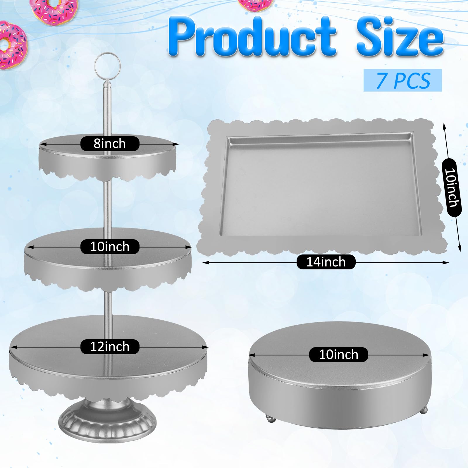 Uiifan 7 Pcs Cake Stand Set Metal Dessert Table Display Stands 3 Tiered Cupcake Holder Serving Tray Round Cake Plates Decoration for Birthday Party, Wedding, Teatime, Festival (Silver)