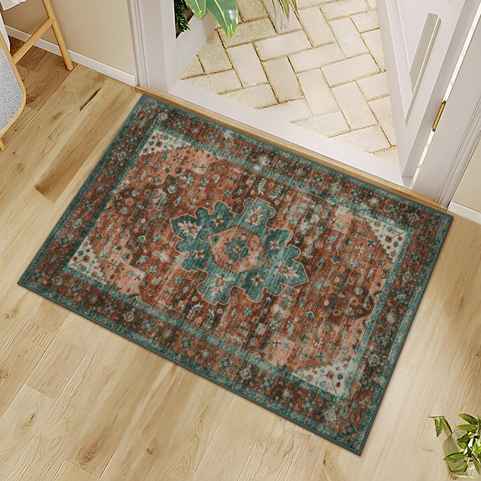 Lahome Boho Retro Ultra-Thin Indoor Door Mat,Washable Non-Slip 20"x32" Small Entryway Rugs Rubber Absorbent Doormats Low-Profile Inside Dirt Trapper for Entry Front Door Entrance