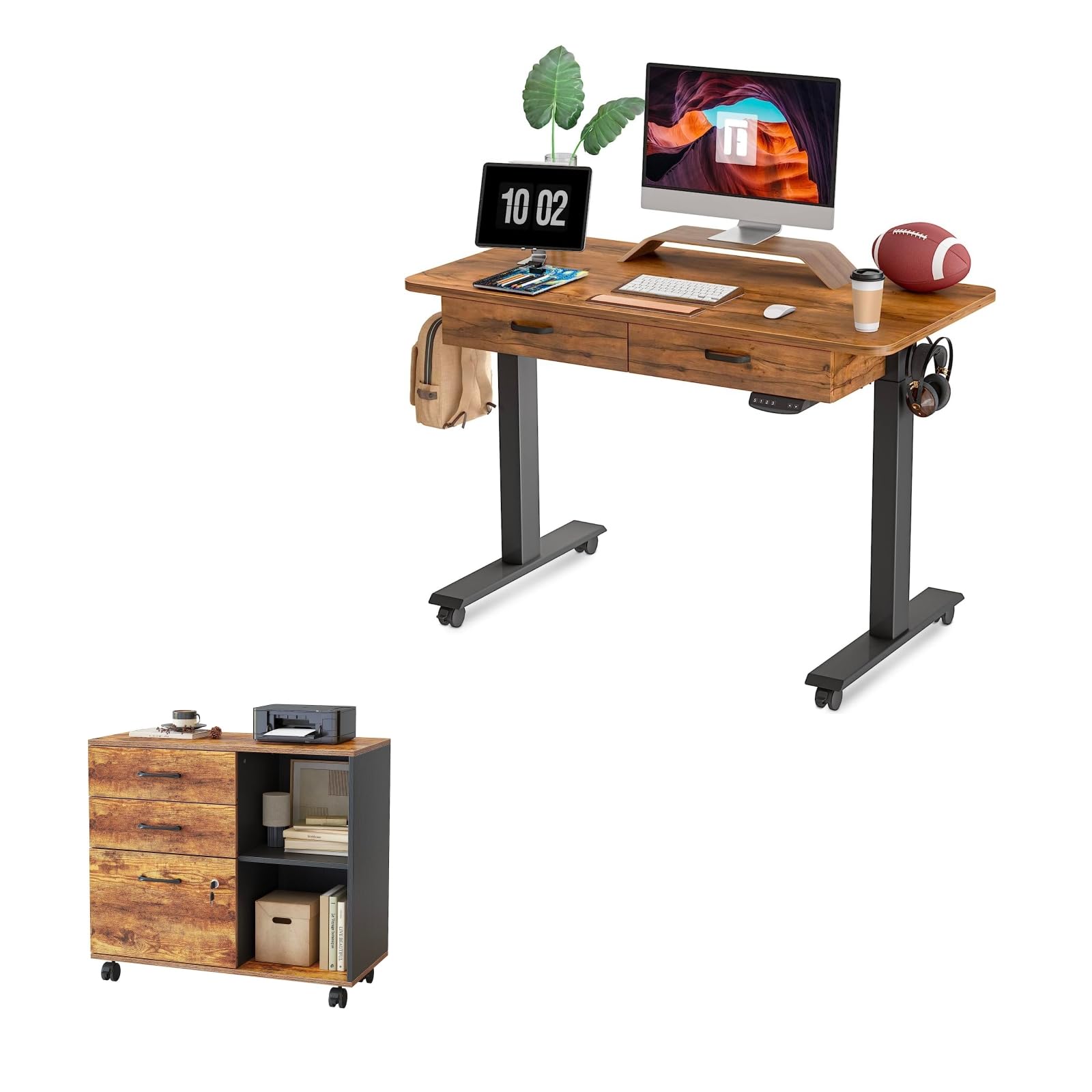 FEZIBO Height Adjustable Desk with 2 Drawers Storage and 3-Drawer Mobile File Cabinet
