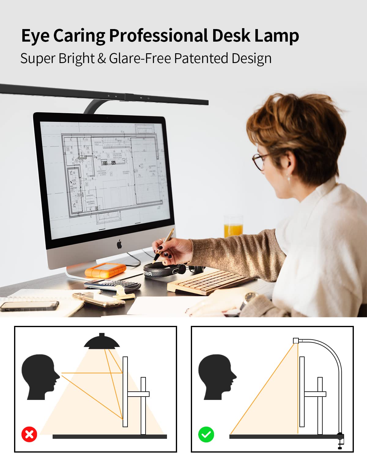 31.5" Wide LED Desk Lamps,24W Brightest Architect Desk Lamp for Home Office, Dimming Office Light with Auto Dimming Memory Function, Tall Desk Light with Clamp for Reading Working/Workbench/Monitor