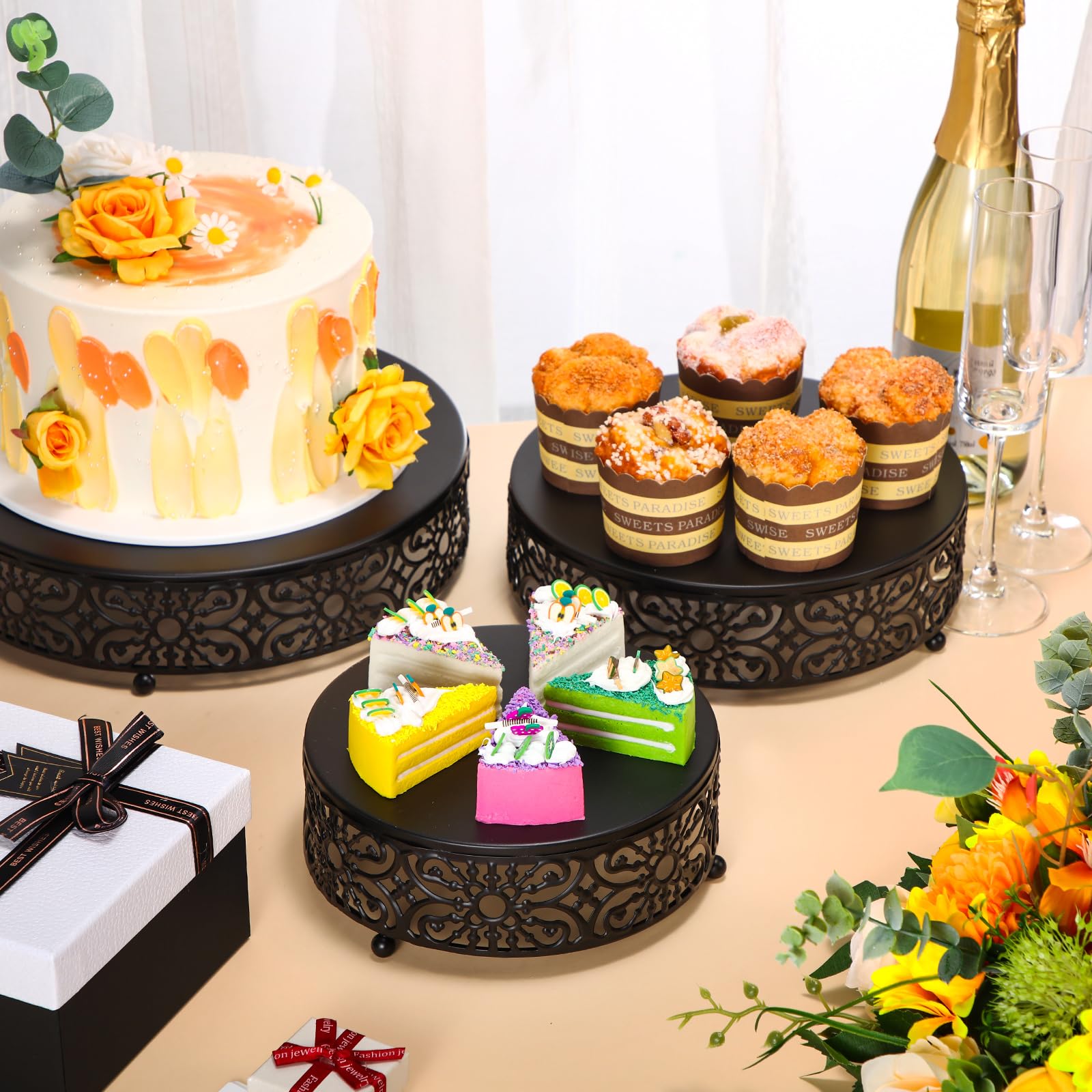 Lallisa 6 Pcs Black Cake Stand Set 12 Inch 10 Inch 8 Inch Wedding Cake Stand Round Metal Dessert Display Cupcake Holder Candy Display Plate for Wedding Party Birthday Decorations(Black)