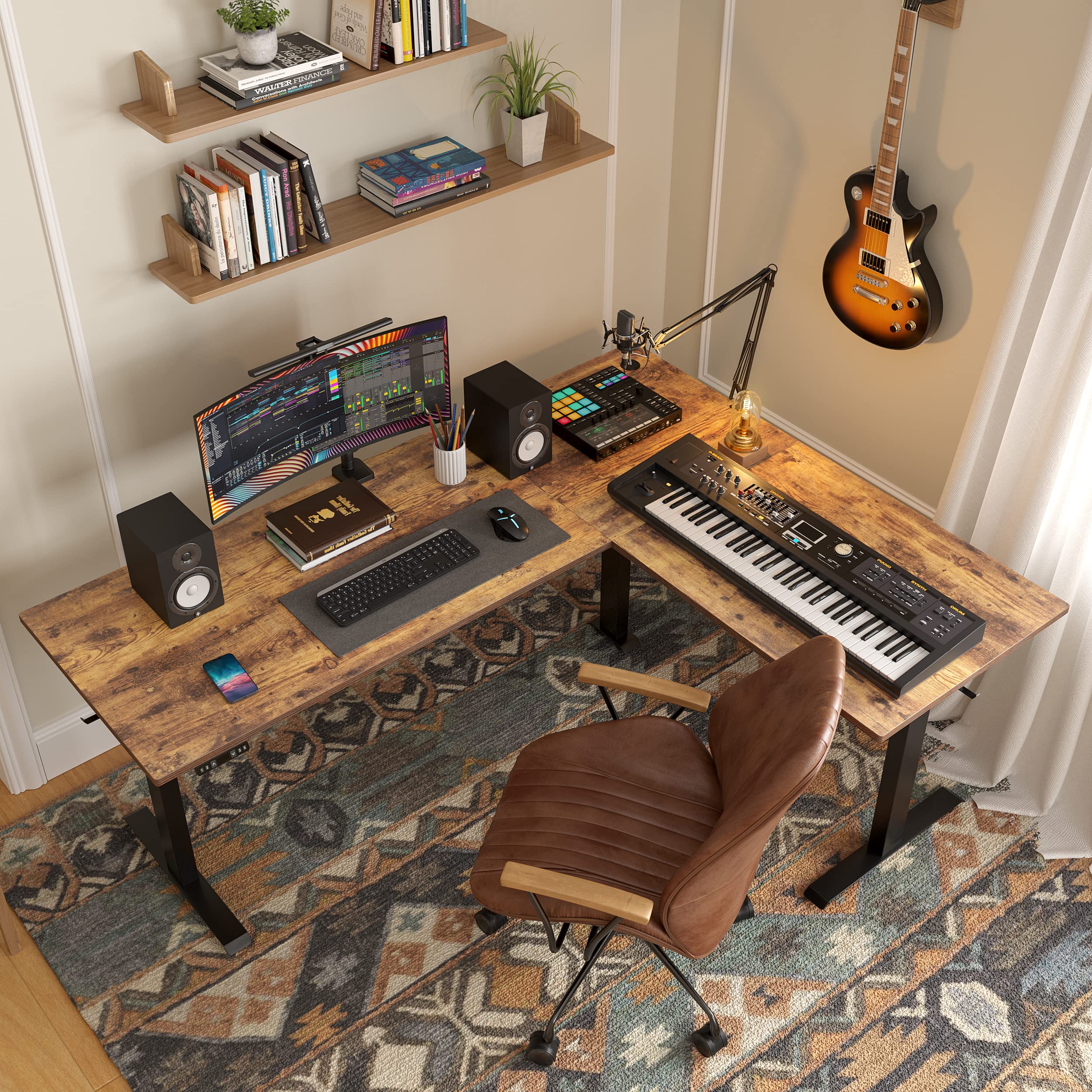 FEZIBO 75 Inch L Shaped Standing Desk with File Cabinet, Rustic Brown