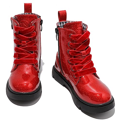 DADAWEN Boys Girls Glitter Ankle Boots Lace Up Waterproof Combat Shoes With Side Zipper for Toddler/Little Kid/Big Kid Red Glitter US Size 3 M Big Kid