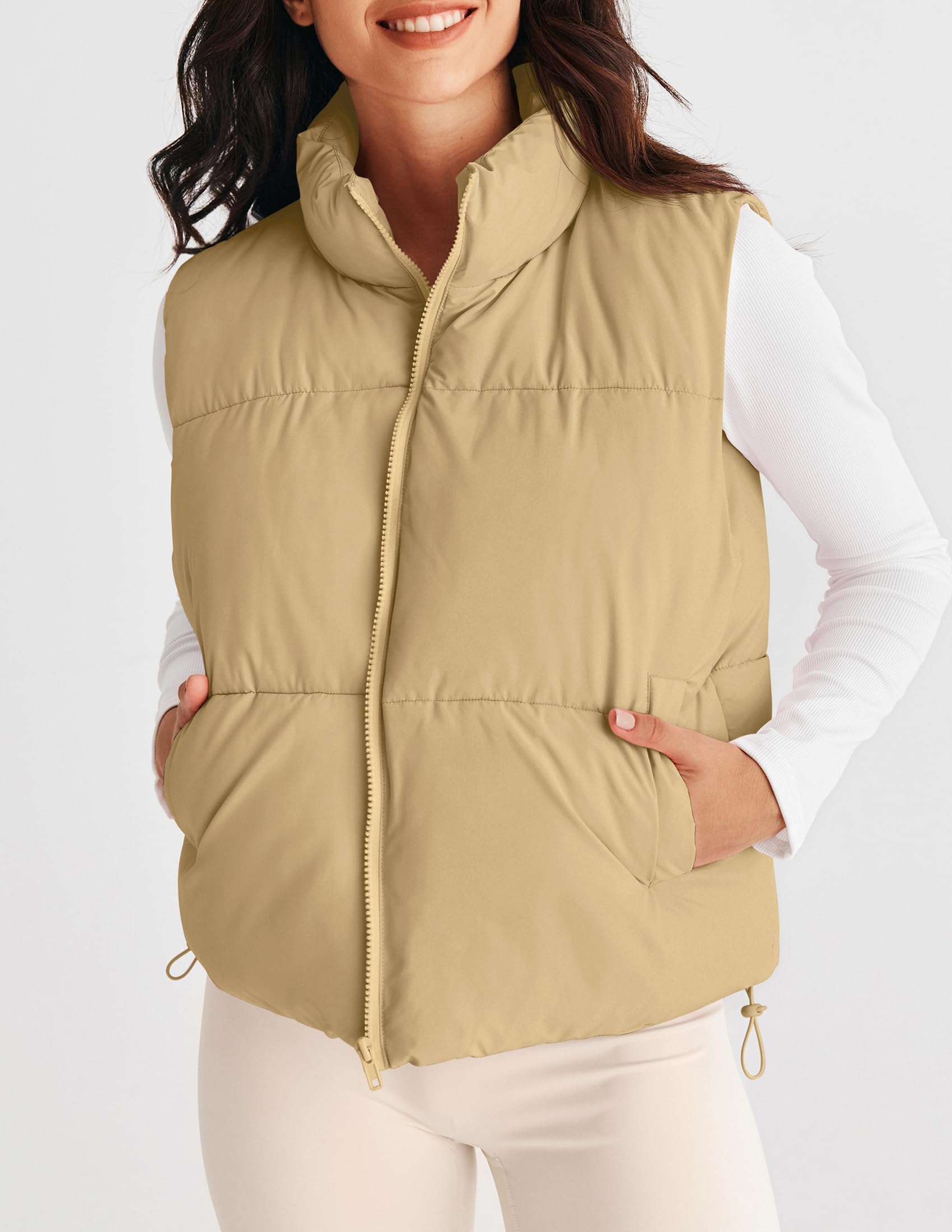 MEROKEETY Women's Quilted Puffer Vest Lightweight Stand-up Collar Soild Color Warm Outewear, Khaki, Small