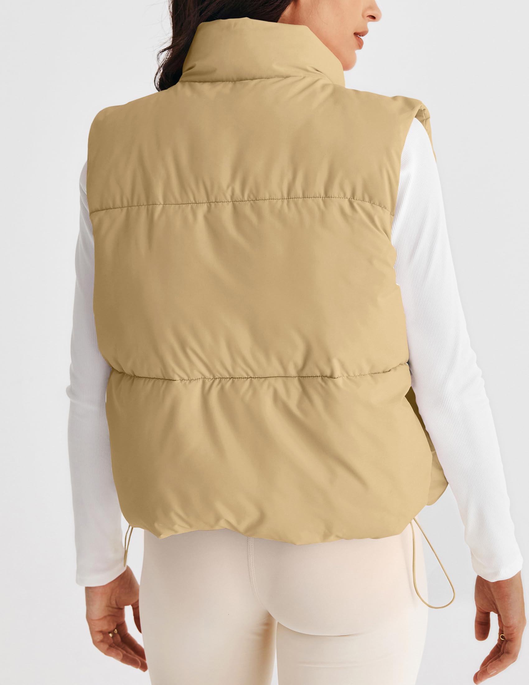 MEROKEETY Women's Quilted Puffer Vest Lightweight Stand-up Collar Soild Color Warm Outewear, Khaki, Small