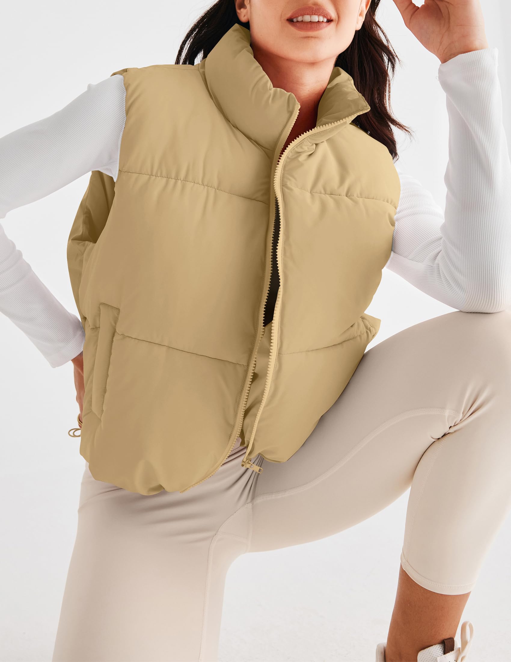 MEROKEETY Women's Quilted Puffer Vest Lightweight Stand-up Collar Soild Color Warm Outewear, Khaki, Small