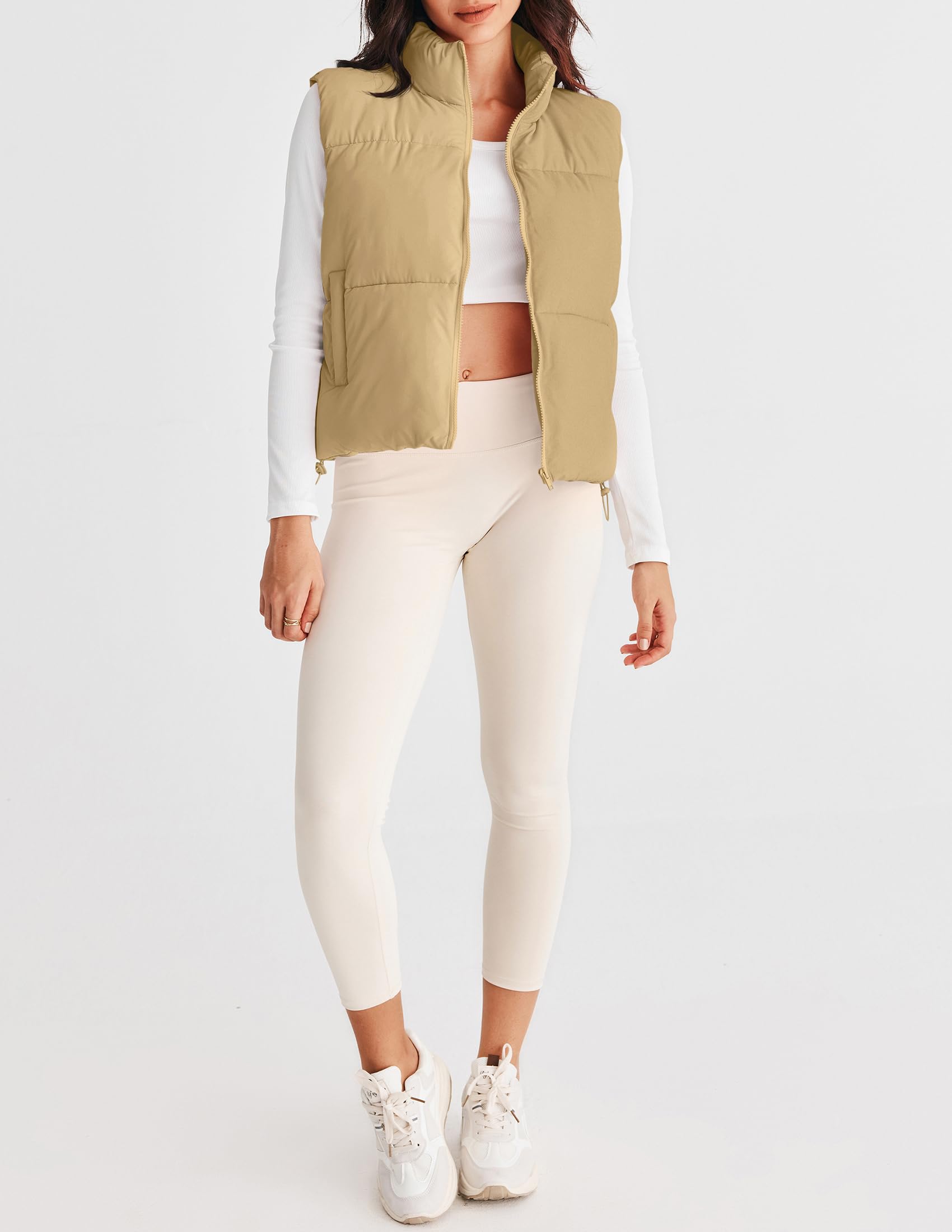 MEROKEETY Women's Quilted Puffer Vest Lightweight Stand-up Collar Soild Color Warm Outewear, Khaki, Small