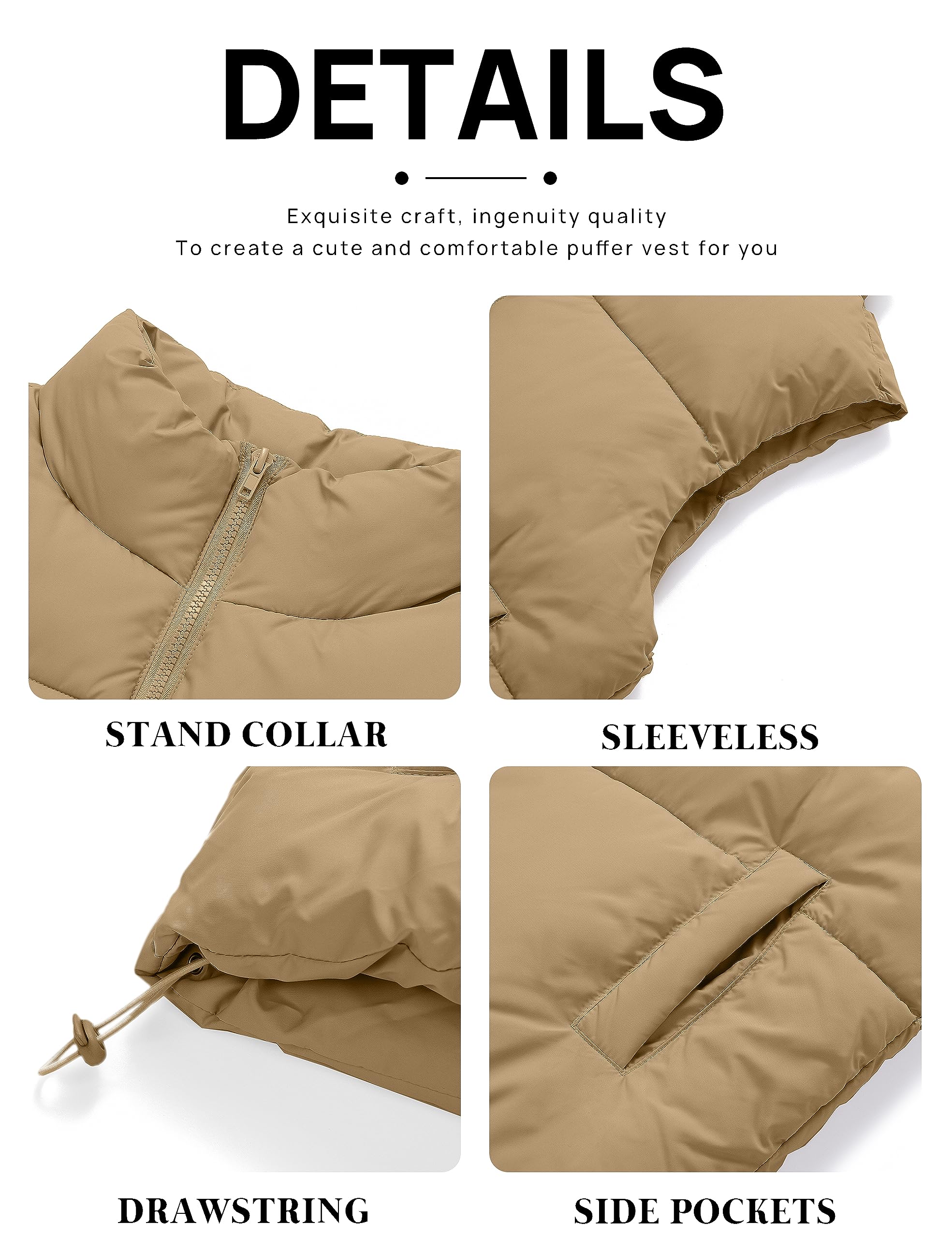MEROKEETY Women's Quilted Puffer Vest Lightweight Stand-up Collar Soild Color Warm Outewear, Khaki, Small