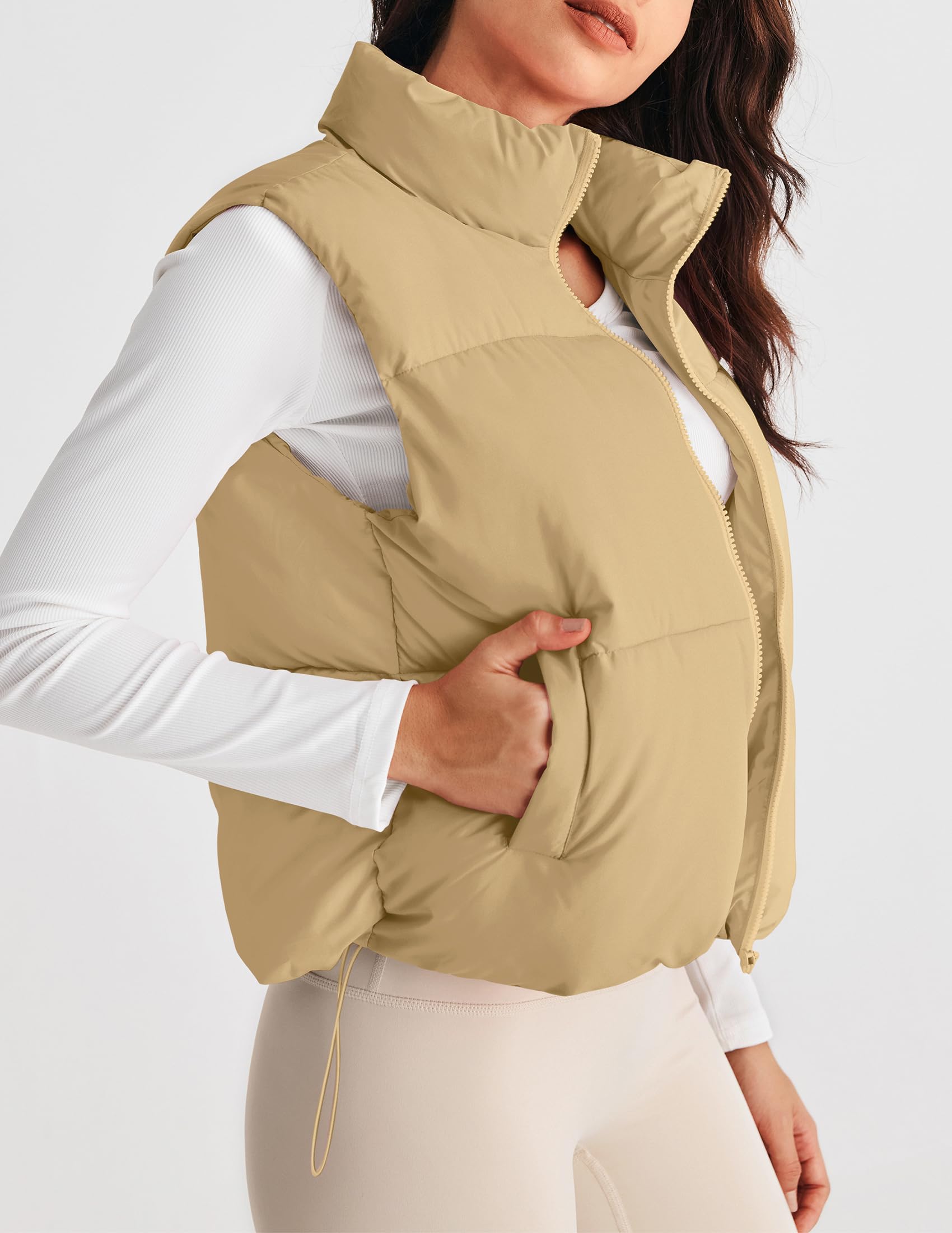 MEROKEETY Women's Quilted Puffer Vest Lightweight Stand-up Collar Soild Color Warm Outewear, Khaki, Small