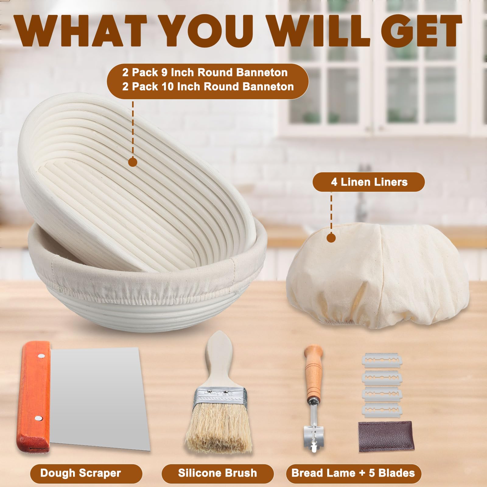 Mifoci 4 Packs Sourdough Proofing Basket Set: Includes 9" Round and 10" Oval Banneton Baskets, Dough Scraper, Bread Scorer, Linen Liner, and Basting Brush for Professional Bread Baking