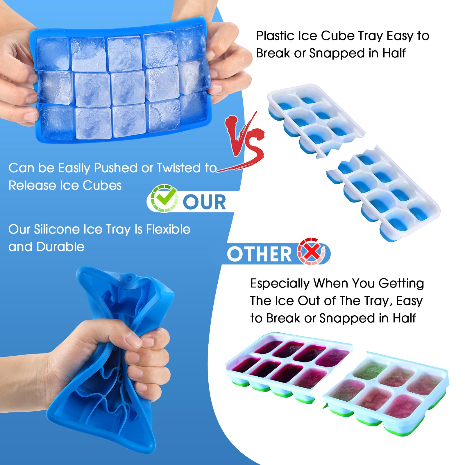 Large Ice Cube Trays with Lid,3 Pack Silicone Ice Cube Molds,15 Big Square Ice Cube Trays for Freezer Containers,Stackable Ice Maker for Cocktails,Whiskey,Easy Release & BPA Free(Blue/Green/Purple)