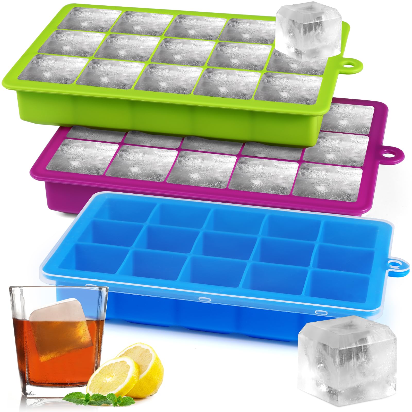 Large Ice Cube Trays with Lid,3 Pack Silicone Ice Cube Molds,15 Big Square Ice Cube Trays for Freezer Containers,Stackable Ice Maker for Cocktails,Whiskey,Easy Release & BPA Free(Blue/Green/Purple)