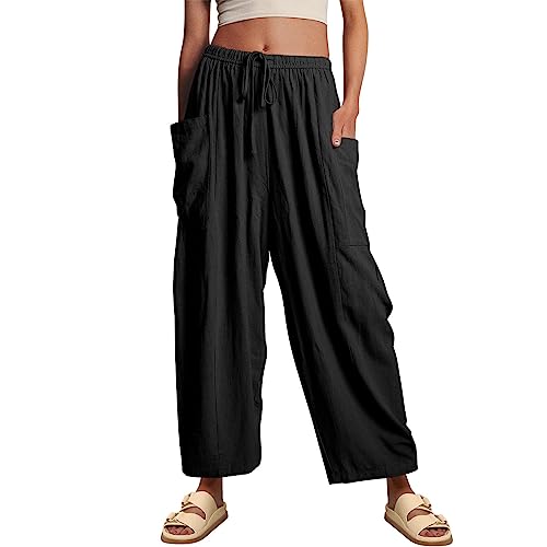 Aiwpstoin Women Wide Leg Linen Pants Summer Casual Drawstring High Waisted Palazzo Harem Pants with Pockets (as1, Alpha, x_l, Regular, Regular, Black)