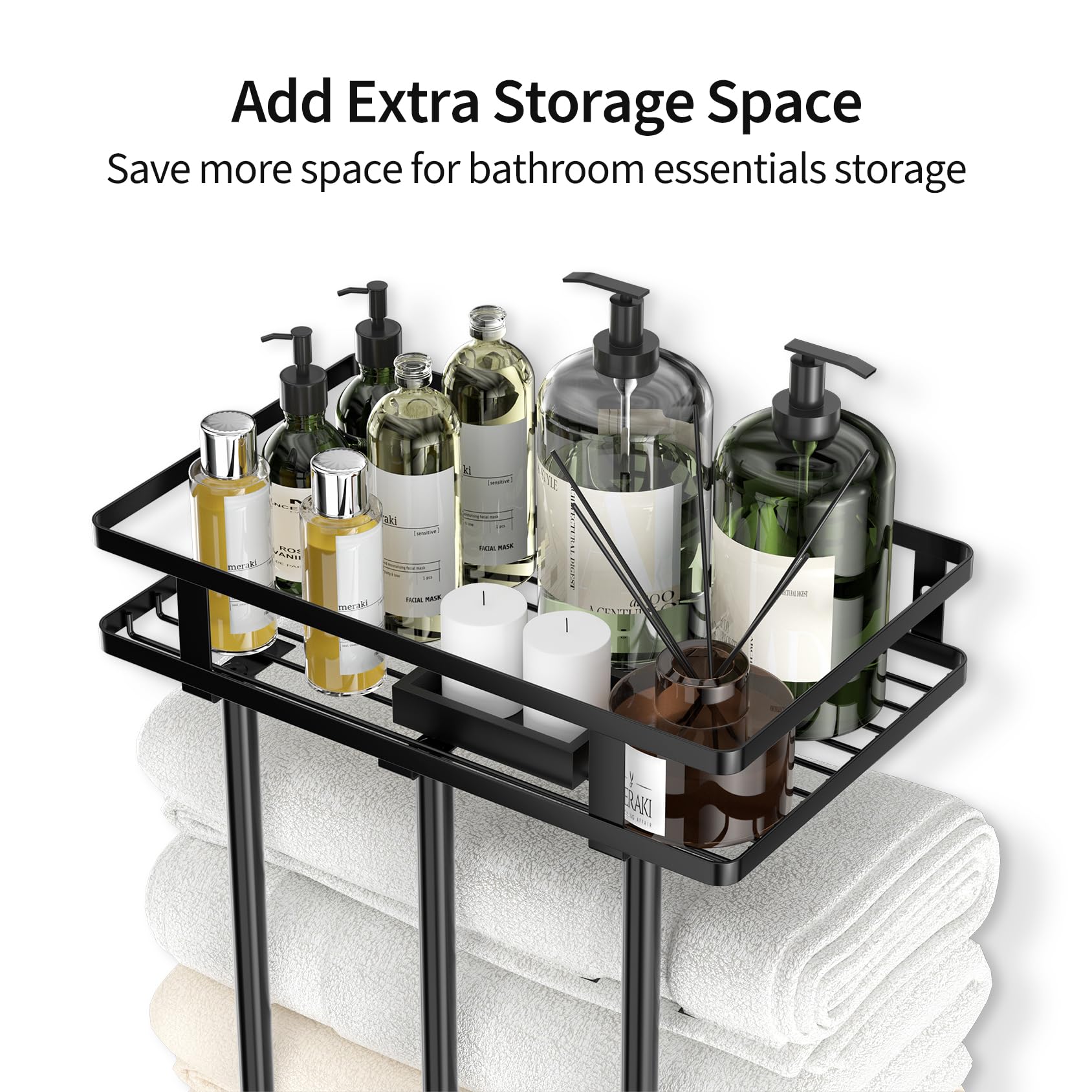 Wall Towel Rack for Rolled Towels, 3 Bars Towel Rack Wall Mounted with Metal Top Floating Shelf & 4 Hooks, Towel Holder for Bathroom Folded Large Towels, Blanket Towel Storage Shelves Organizer, Black