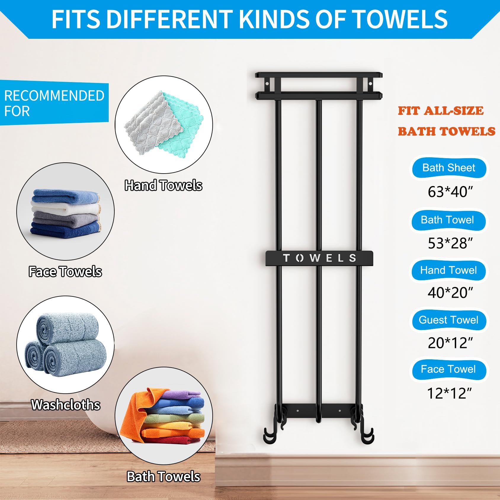 Wall Towel Rack for Rolled Towels, 3 Bars Towel Rack Wall Mounted with Metal Top Floating Shelf & 4 Hooks, Towel Holder for Bathroom Folded Large Towels, Blanket Towel Storage Shelves Organizer, Black