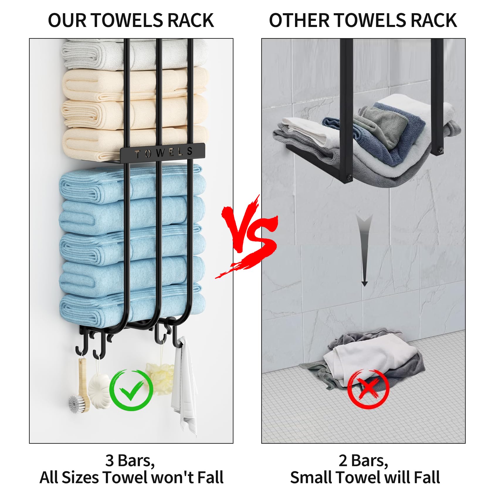 Wall Towel Rack for Rolled Towels, 3 Bars Towel Rack Wall Mounted with Metal Top Floating Shelf & 4 Hooks, Towel Holder for Bathroom Folded Large Towels, Blanket Towel Storage Shelves Organizer, Black