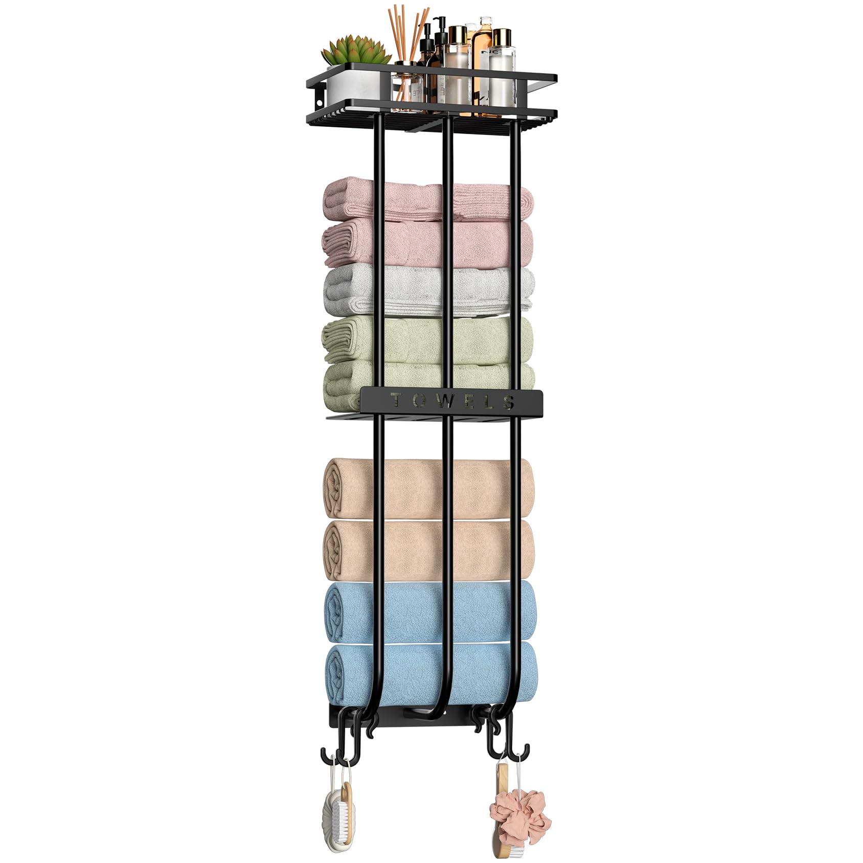 Wall Towel Rack for Rolled Towels, 3 Bars Towel Rack Wall Mounted with Metal Top Floating Shelf & 4 Hooks, Towel Holder for Bathroom Folded Large Towels, Blanket Towel Storage Shelves Organizer, Black