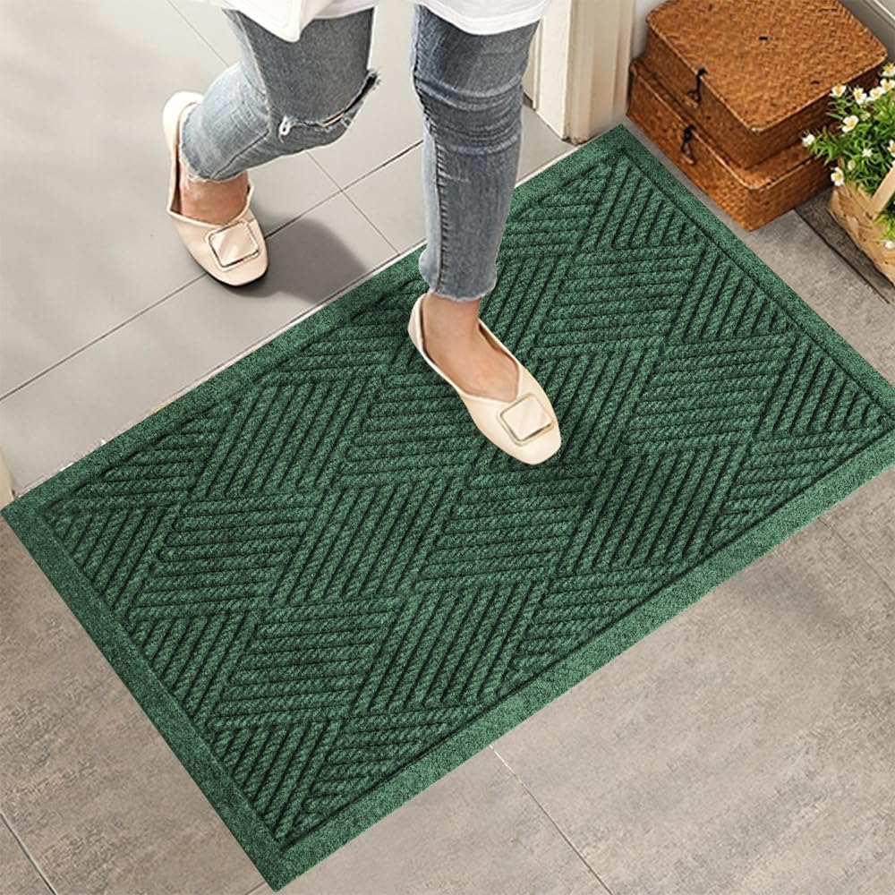 HIYARD Sturdy Front Door Mat, Absorbent Muddy Dirt Resist Welcome Door Mats Outdoor Indoor, Stain and Fade Resistant, Non-Slip Rubber Backing Low Profile Doormat for Entryway, 30×17, Green