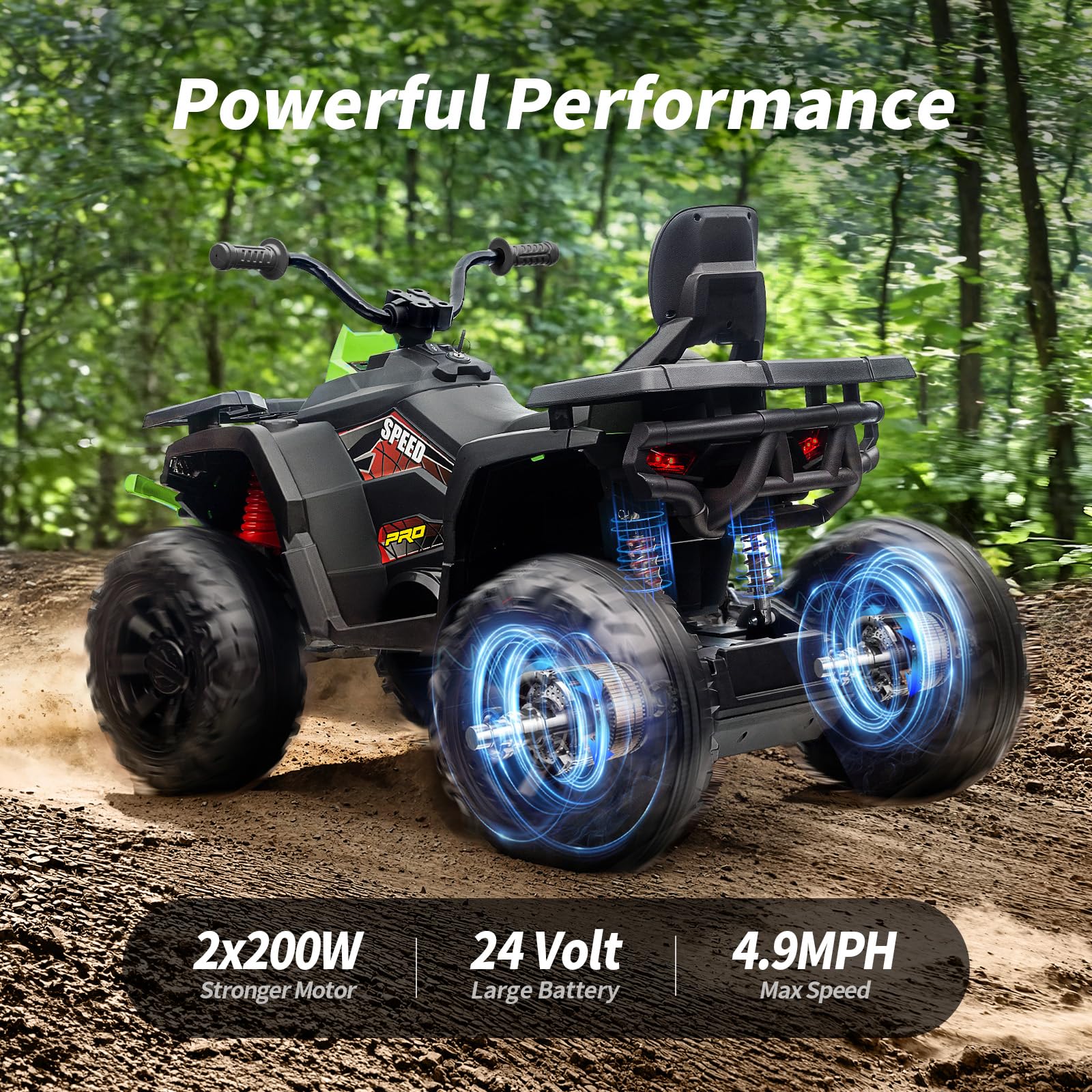 Hikiddo Kids ATV 4 Wheeler, 24V Ride On Toys Car for Big Kids with 400W Motor, 2 Seater - Green