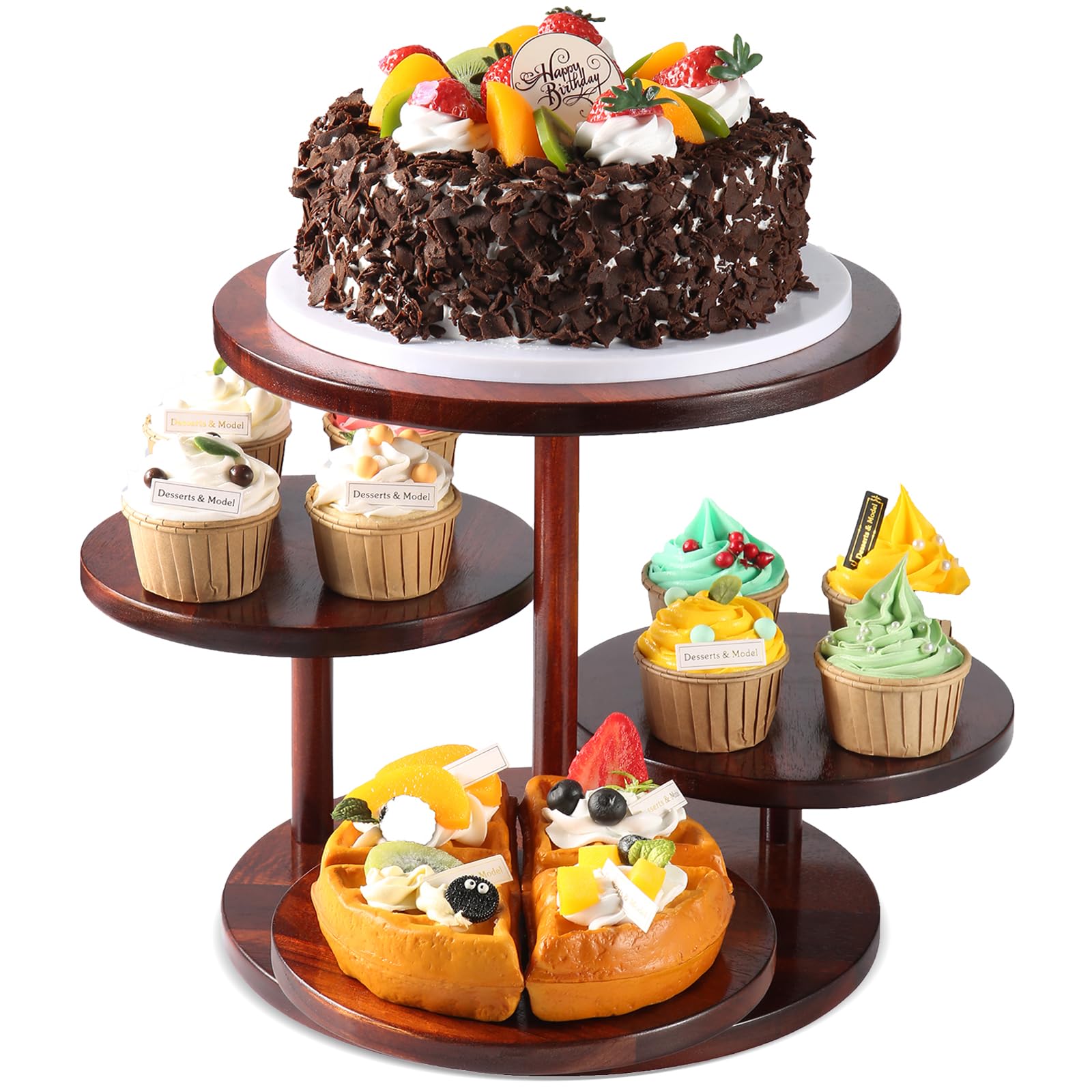 GKOKG 4 Tier Round Cupcake Tower for 50 Cupcakes, Acacia Wood Cupcake Stand for Dessert Table, Woodden Serving Stand, Cake Stand & Dessert Tower for Birthday, Graduation, Wedding, Tea Party