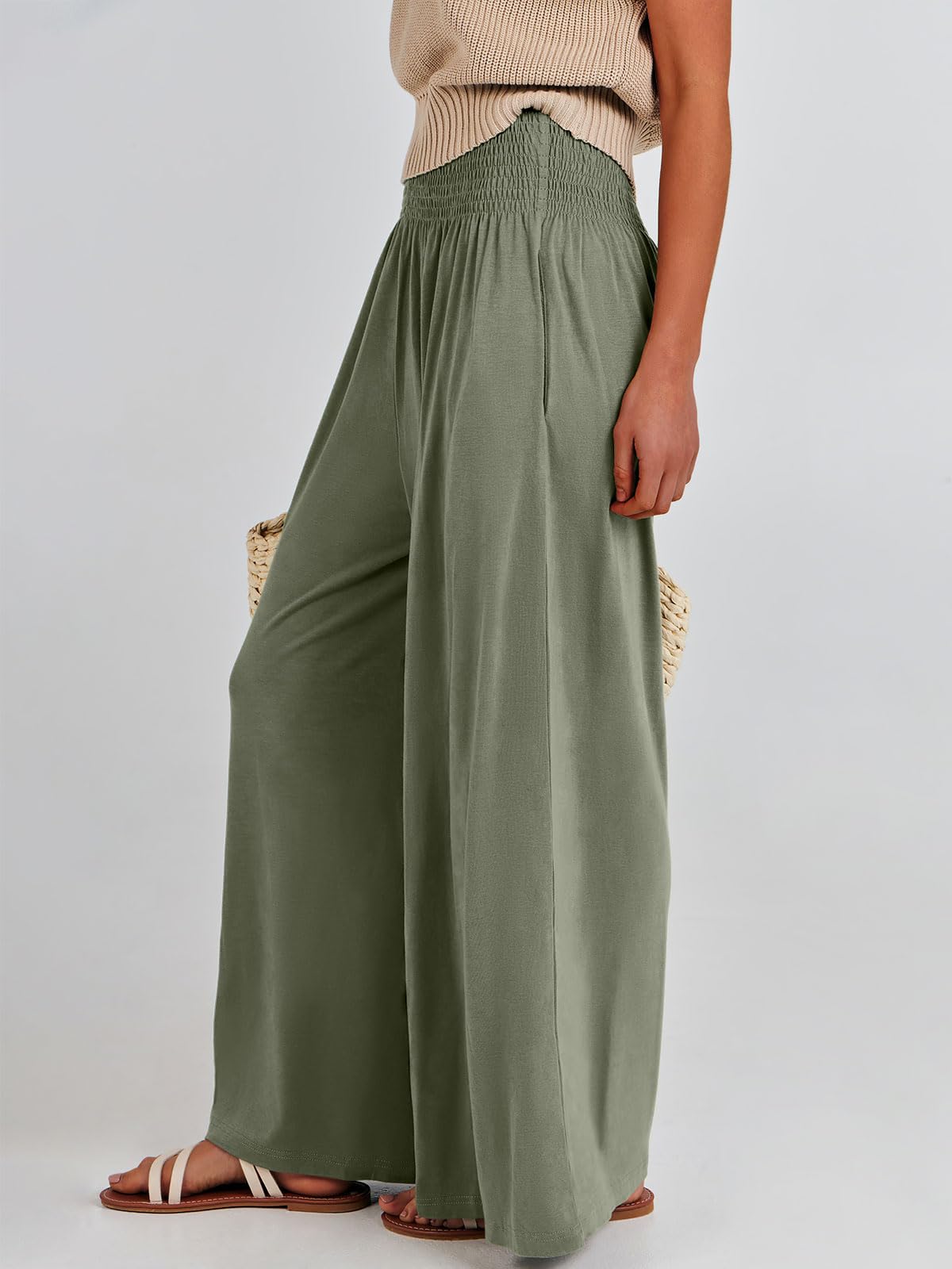 ANRABESS Women Palazzo Pants Summer Boho Bagyy Wide Leg High Smocked Waist Casual Loose Lounge Pant with Pocket Olive X-Large