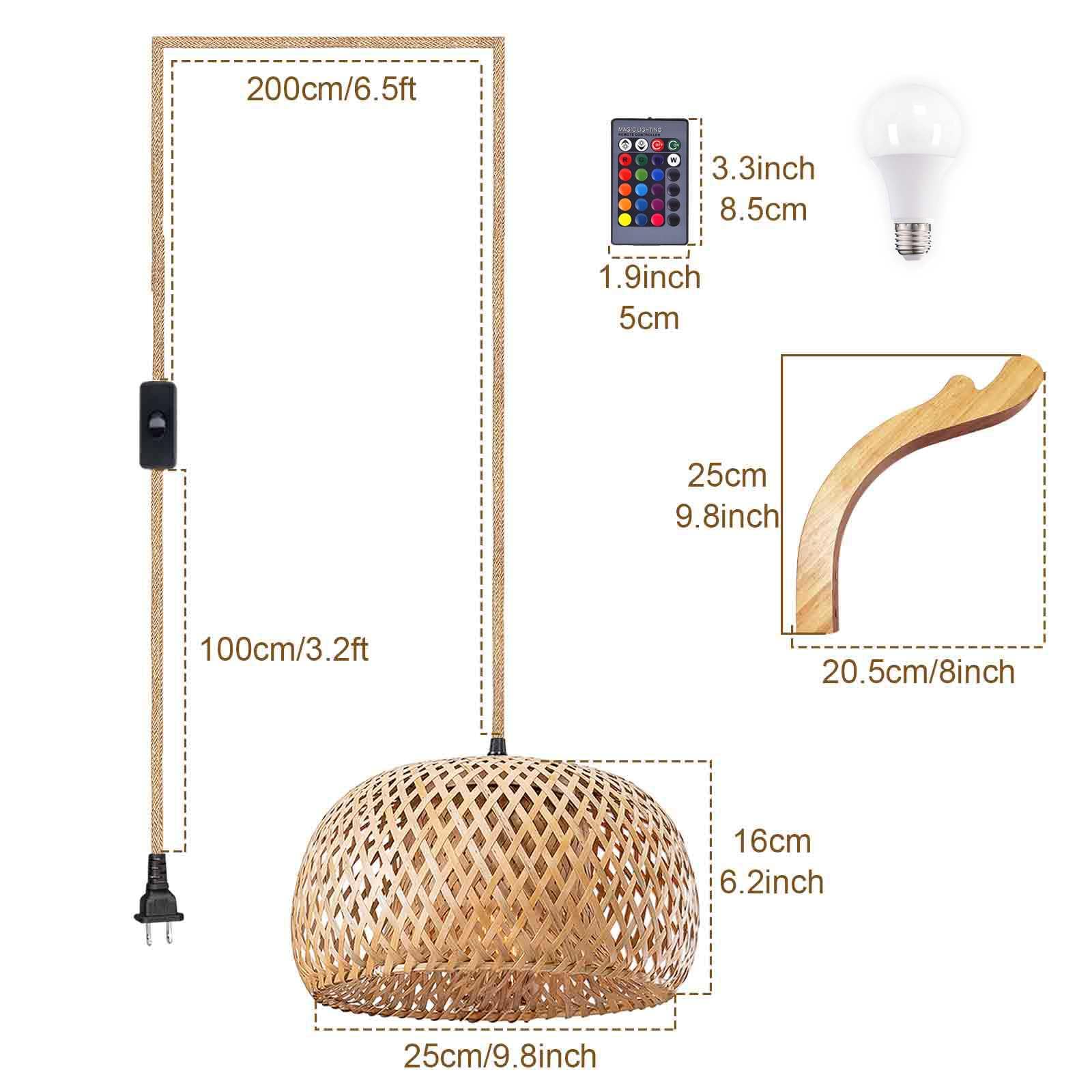 Bamboo Lantern Plug in Wall Sconce Or Hemp Rope Pendant Lamp with LED RGB Bulb, Rattan Wall Lamps, Wood Shelf Brackets, Boho Wicker Hanging Light with 9.8 FT Plug in Cord for Living Room, Bedroom