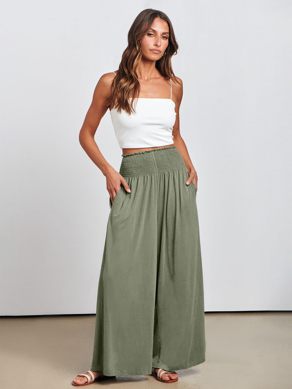ANRABESS Women Palazzo Pants Summer Boho Bagyy Wide Leg High Smocked Waist Casual Loose Lounge Pant with Pocket Olive X-Large