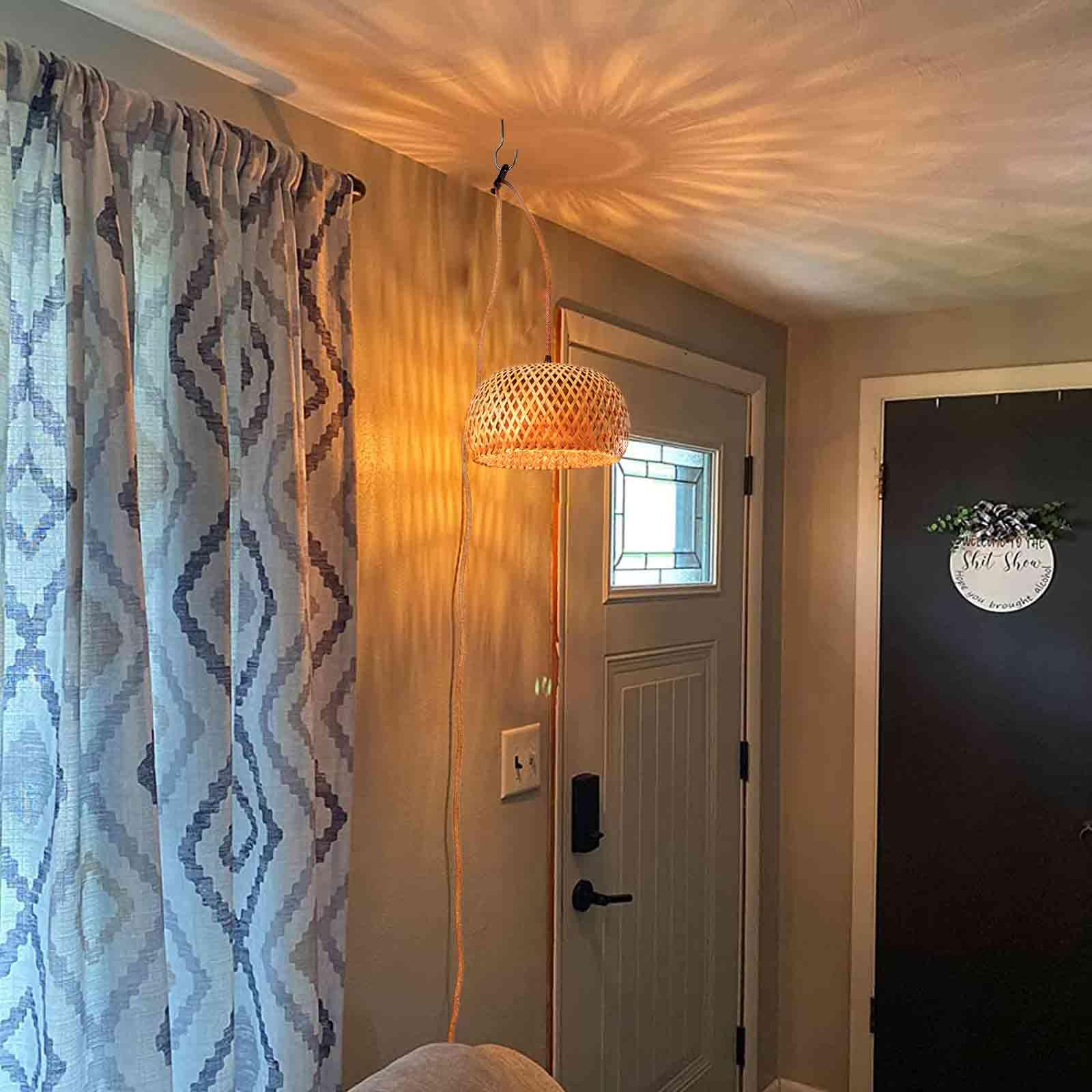 Bamboo Lantern Plug in Wall Sconce Or Hemp Rope Pendant Lamp with LED RGB Bulb, Rattan Wall Lamps, Wood Shelf Brackets, Boho Wicker Hanging Light with 9.8 FT Plug in Cord for Living Room, Bedroom