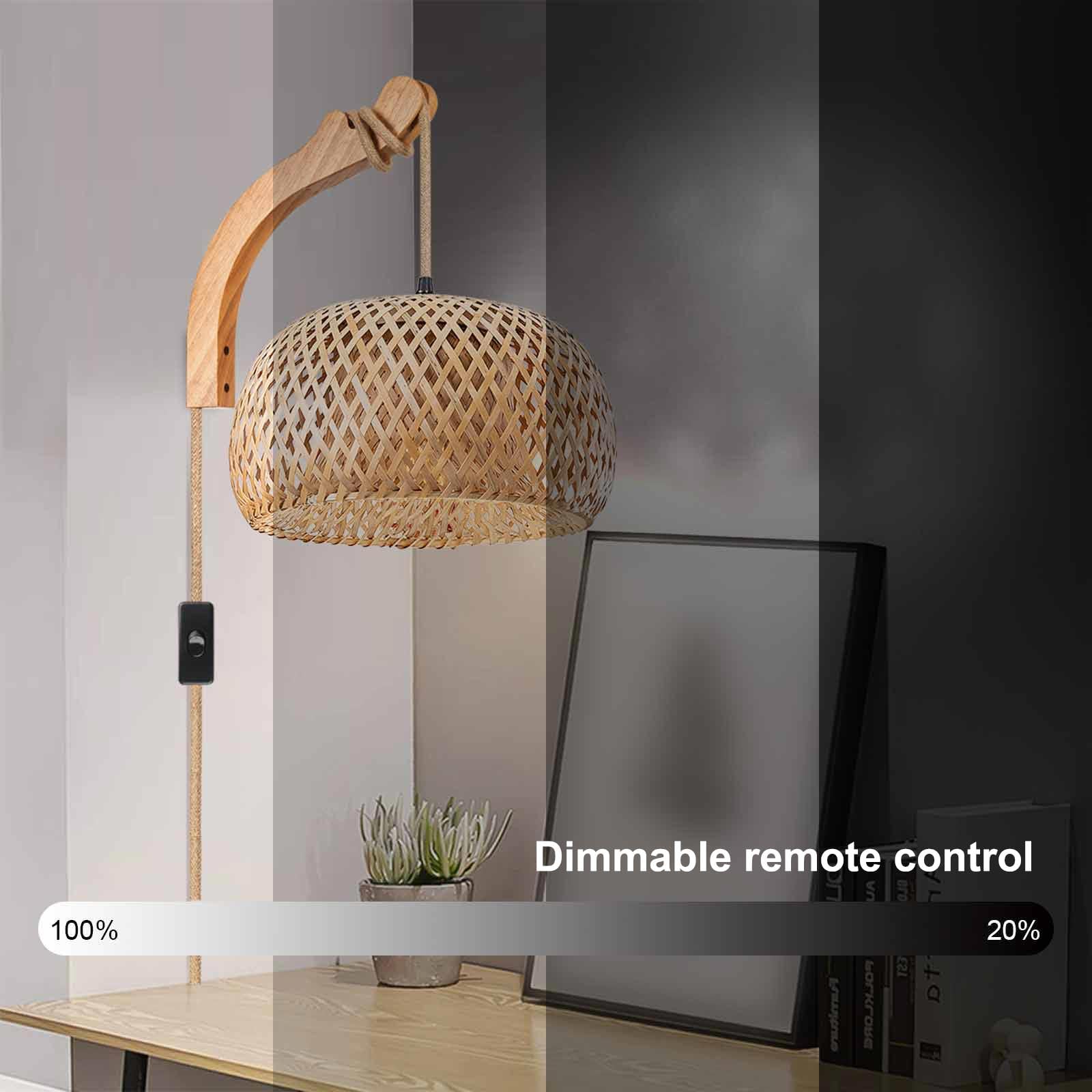 Bamboo Lantern Plug in Wall Sconce Or Hemp Rope Pendant Lamp with LED RGB Bulb, Rattan Wall Lamps, Wood Shelf Brackets, Boho Wicker Hanging Light with 9.8 FT Plug in Cord for Living Room, Bedroom