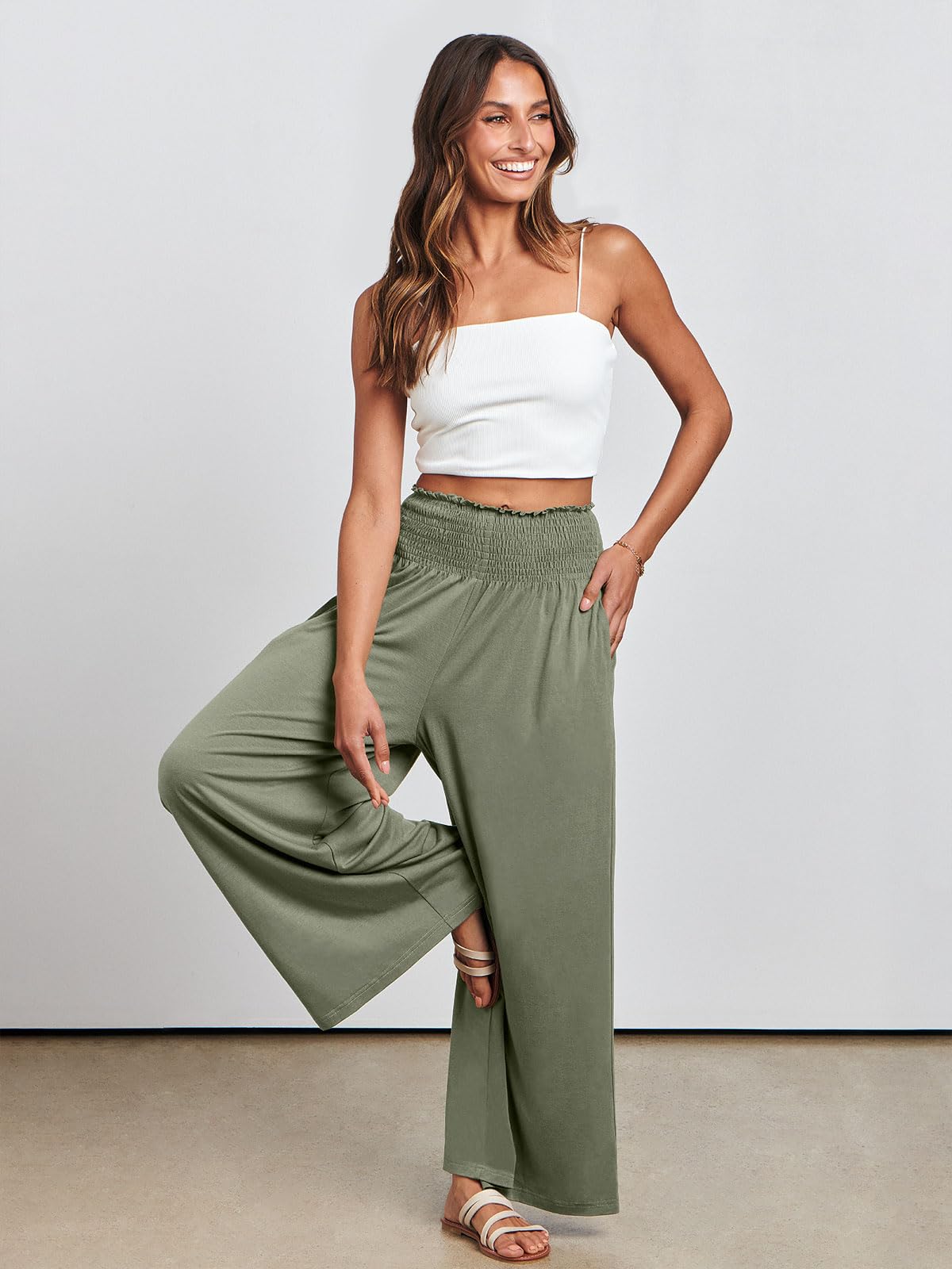 ANRABESS Women Palazzo Pants Summer Boho Bagyy Wide Leg High Smocked Waist Casual Loose Lounge Pant with Pocket Olive X-Large