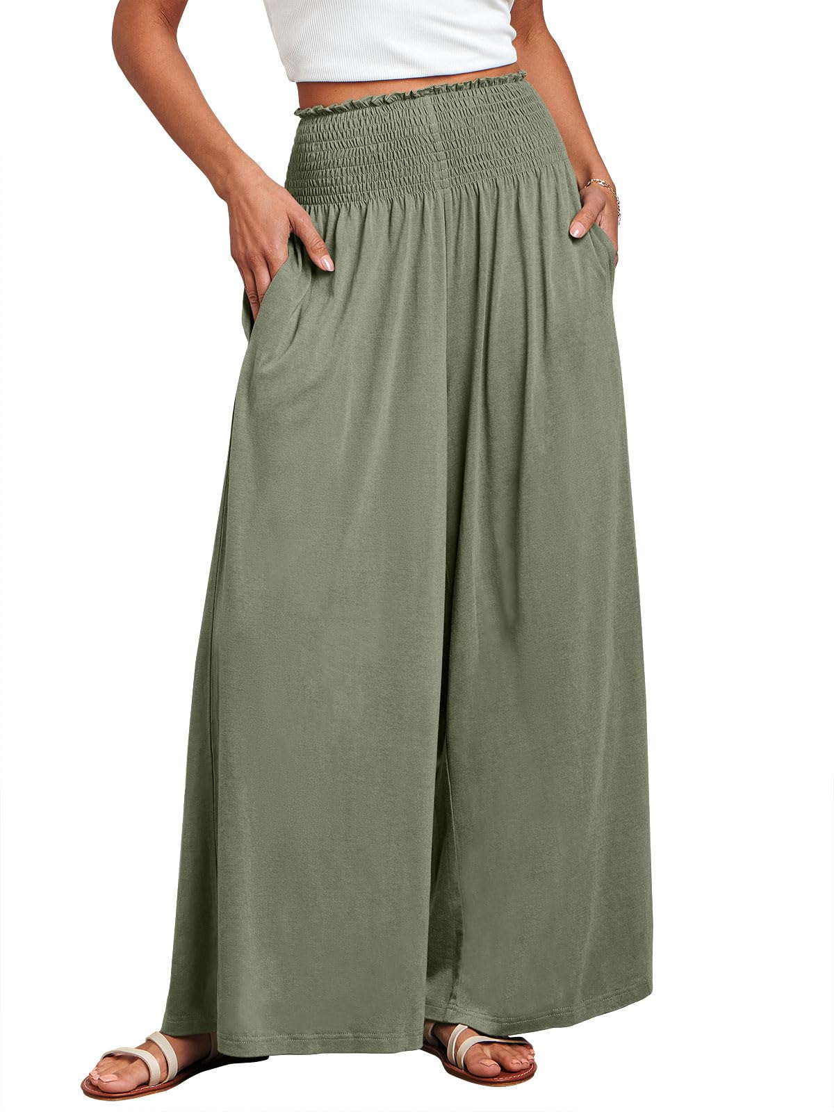ANRABESS Women Palazzo Pants Summer Boho Bagyy Wide Leg High Smocked Waist Casual Loose Lounge Pant with Pocket Olive X-Large