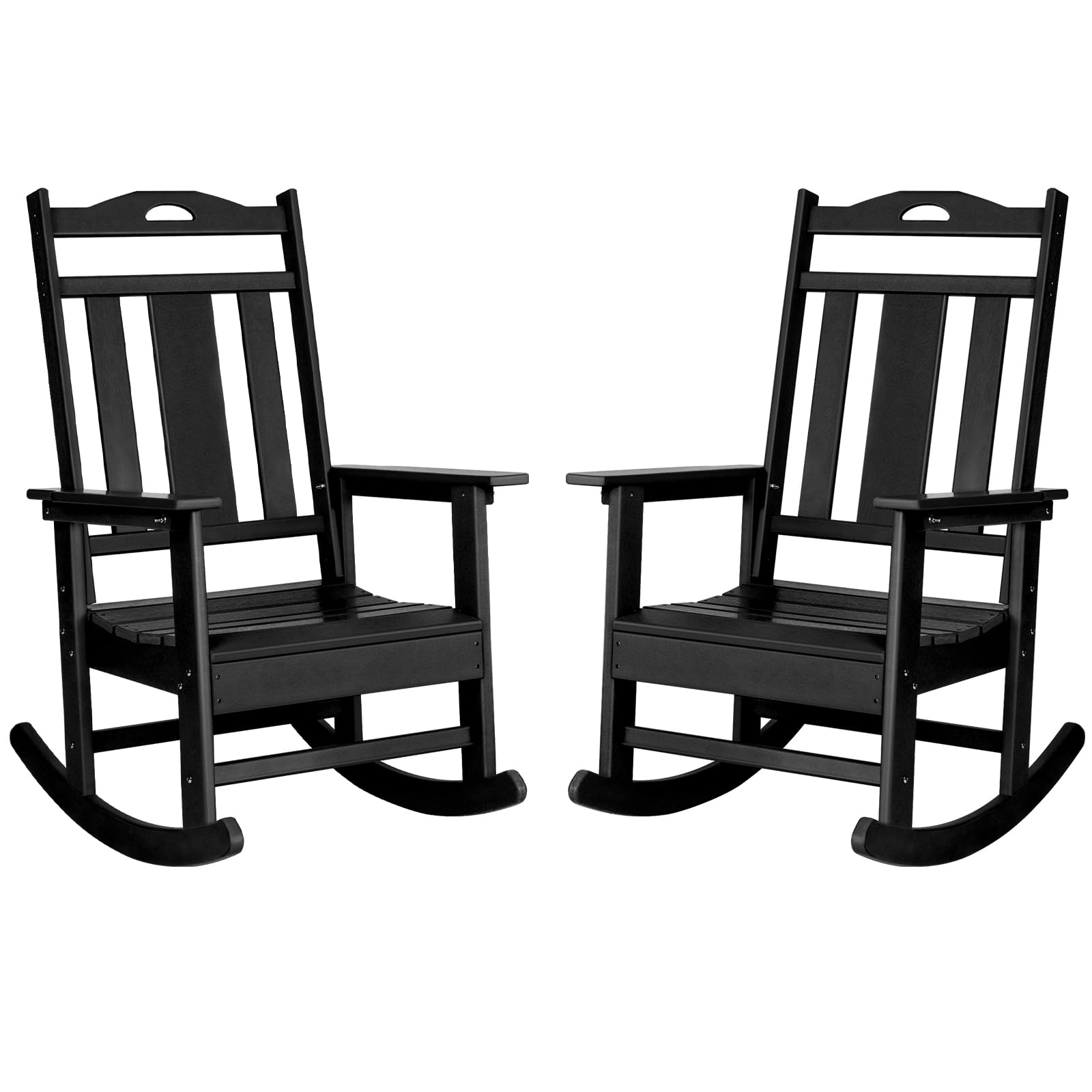 LOENIY HDPE Outdoor Rocking Chair Set of 2, All Weather Resistant Patio Rocker Chair with 350 lbs Heavy Duty, High Back Oversized Rocking Chair for Adult in Porch, Ergonomic Seat (Black)