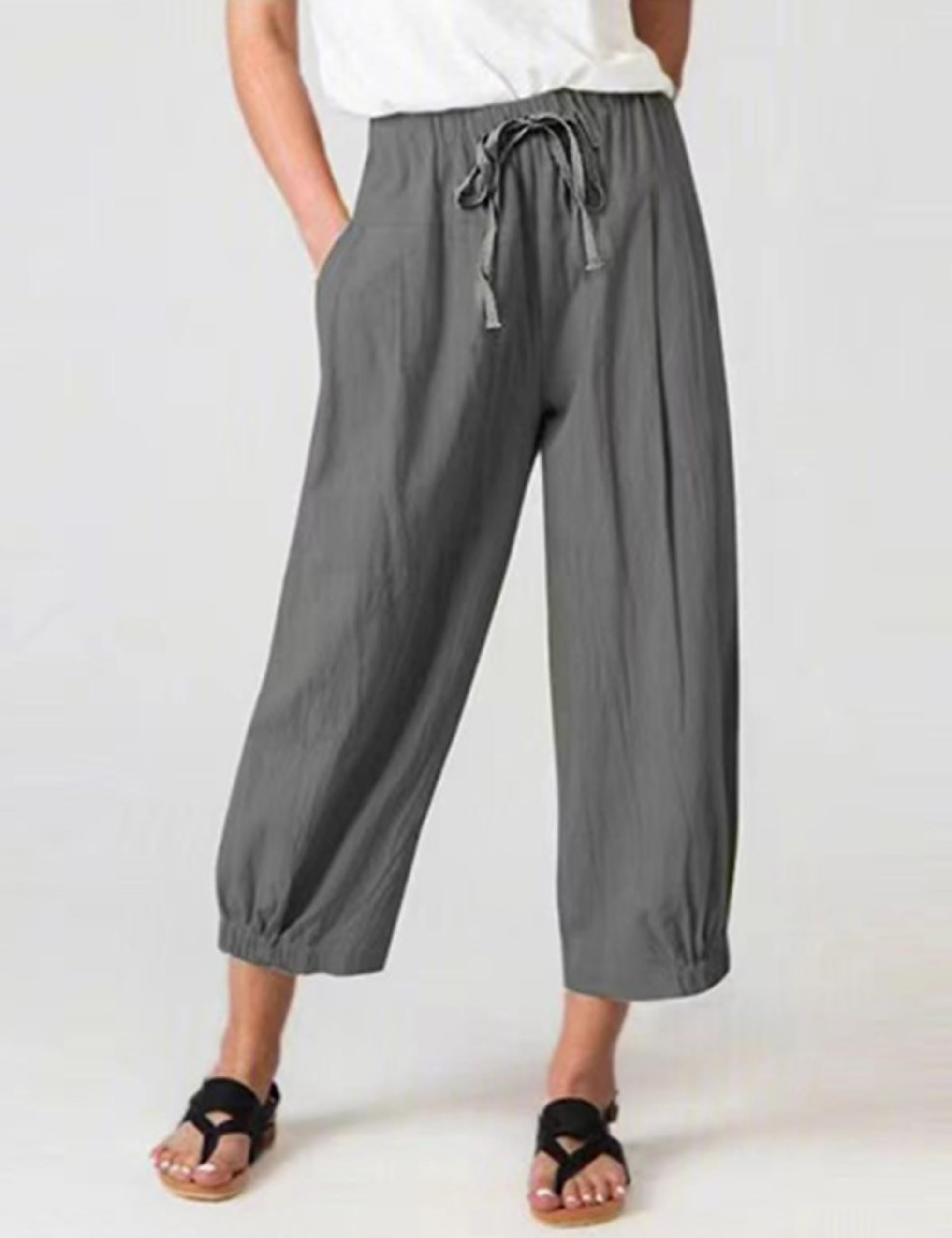 Bozanly Summer Capri Pants Elastic Waist Cotton Linen Yoga Cropped Pants Trousers for Women with Drawstring(0520-01Gray-XL)