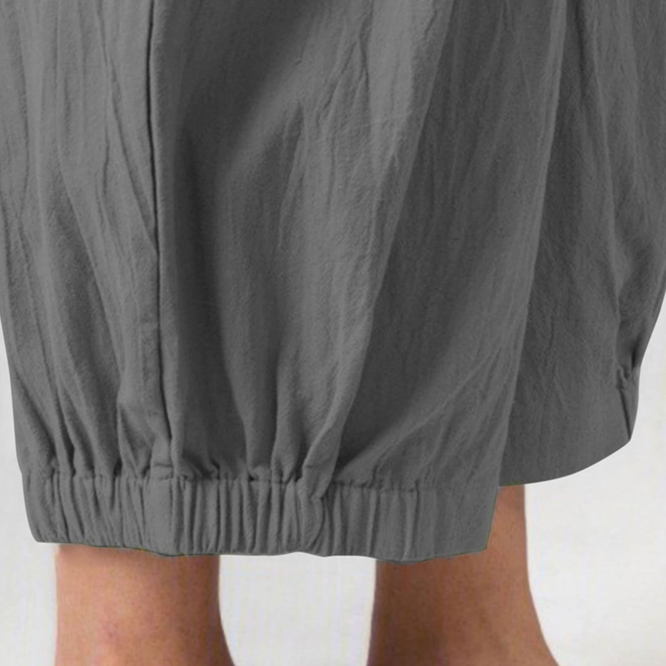 Bozanly Summer Capri Pants Elastic Waist Cotton Linen Yoga Cropped Pants Trousers for Women with Drawstring(0520-01Gray-XL)