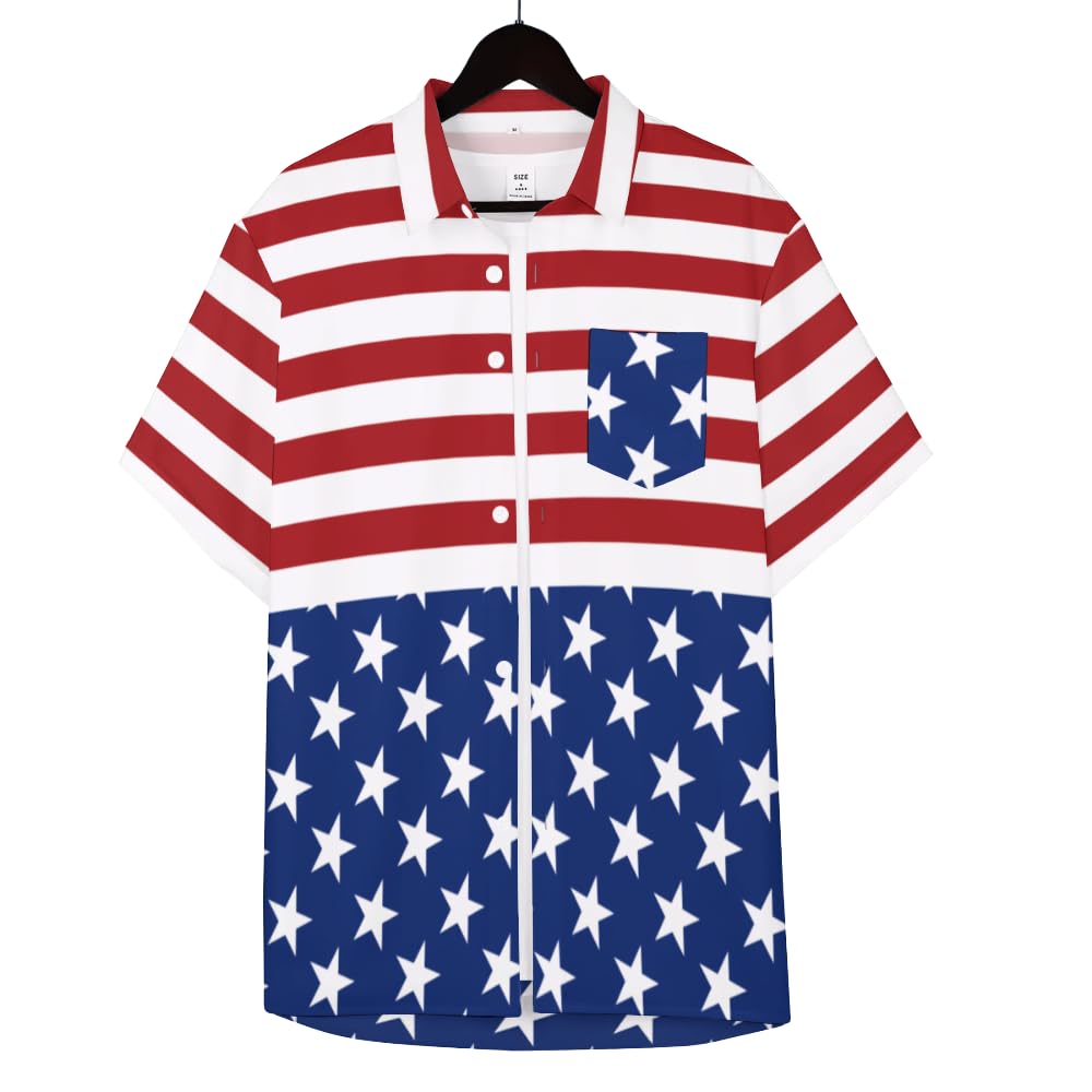Cerburny Hawaiian Shirt for Men Short Sleeve Button Down Red American Flag Mens Casual Summer Beach Printed Shirts
