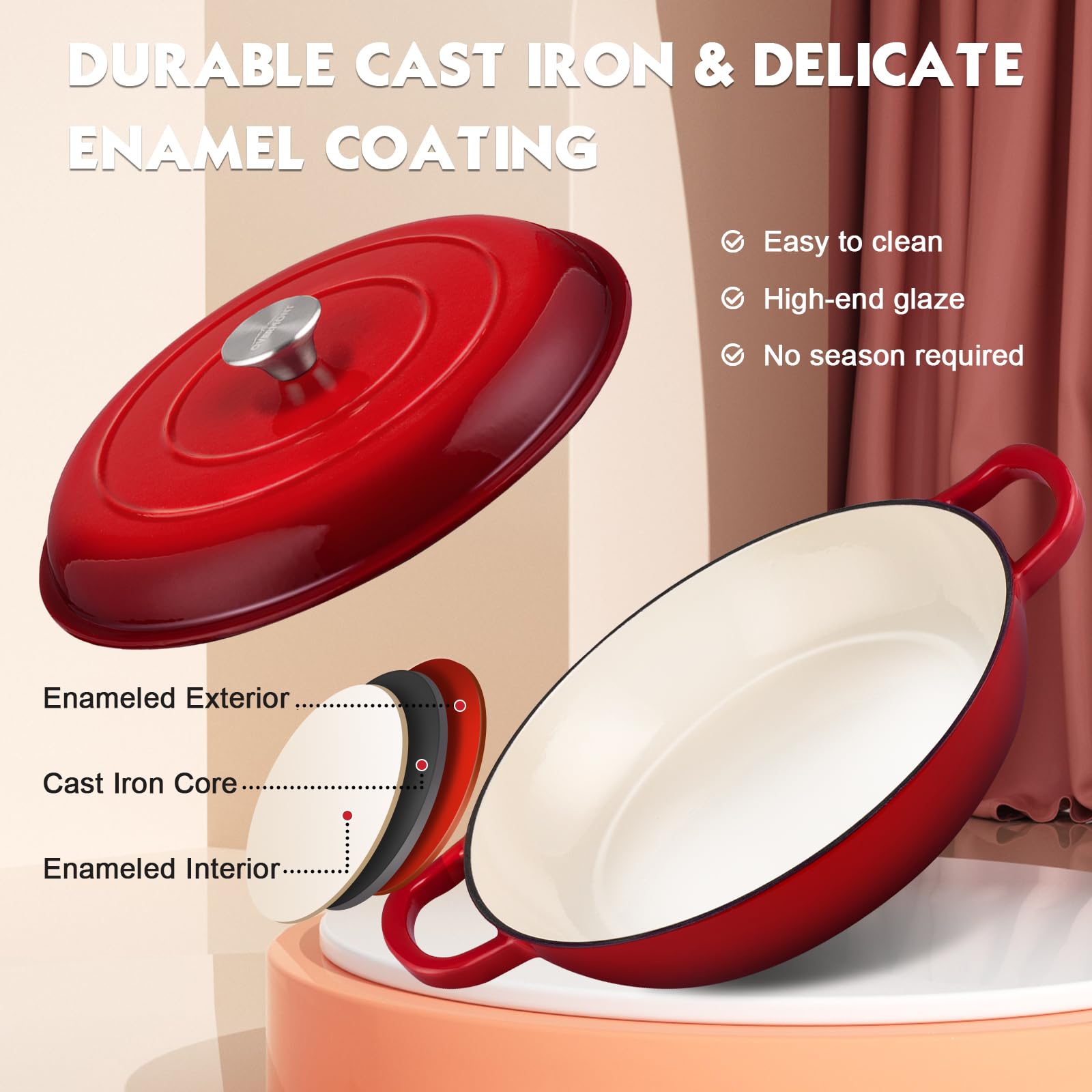 Overmont Enameled Cast Iron Dutch Oven - 3.8 Quart Dutch Oven Pot with Lid - Shallow Cookware Braising Pan - Cast iron Casserole with Cookbook & Heat-resistant Caps - Oven Safe up to 500° F
