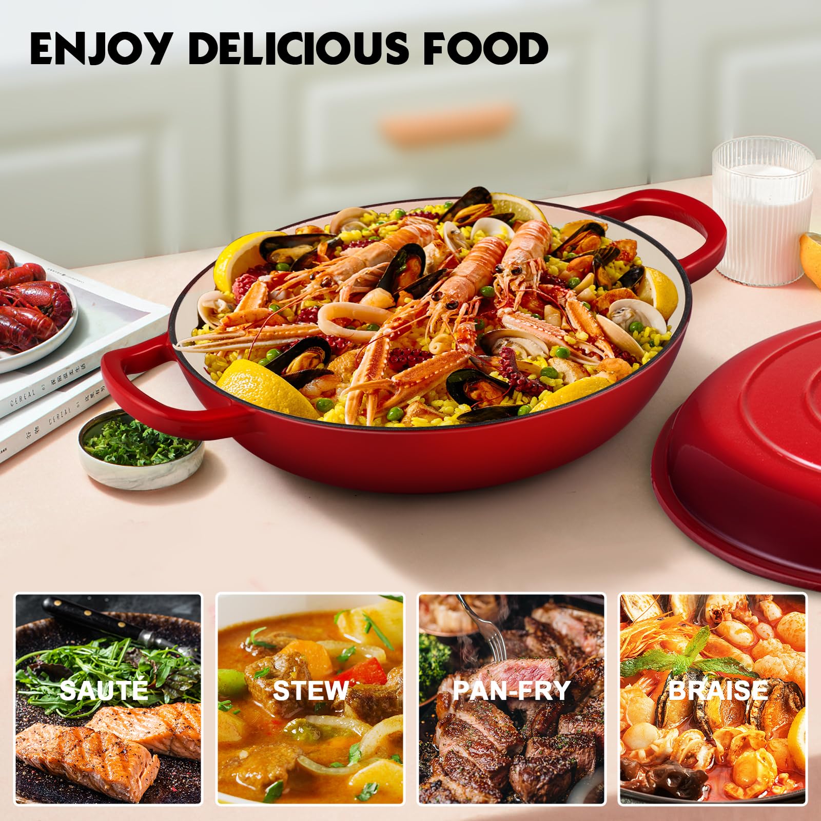 Overmont Enameled Cast Iron Dutch Oven - 3.8 Quart Dutch Oven Pot with Lid - Shallow Cookware Braising Pan - Cast iron Casserole with Cookbook & Heat-resistant Caps - Oven Safe up to 500° F