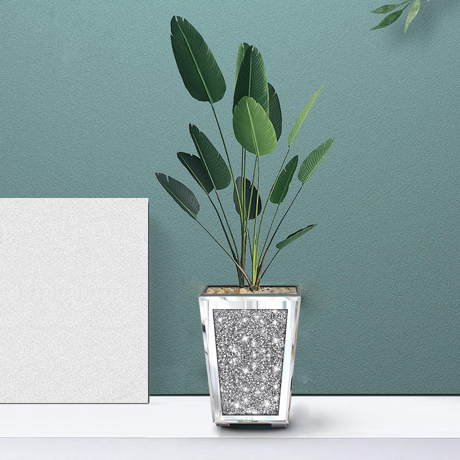 Meetart Crushed Diamond Mirrored Planter, Crystal Silver Glass Decorative Mirror Luxury Flower Pot ,with Drainage Hole and Tray for All House Plants, Succulents, Flowers, and Cactus.