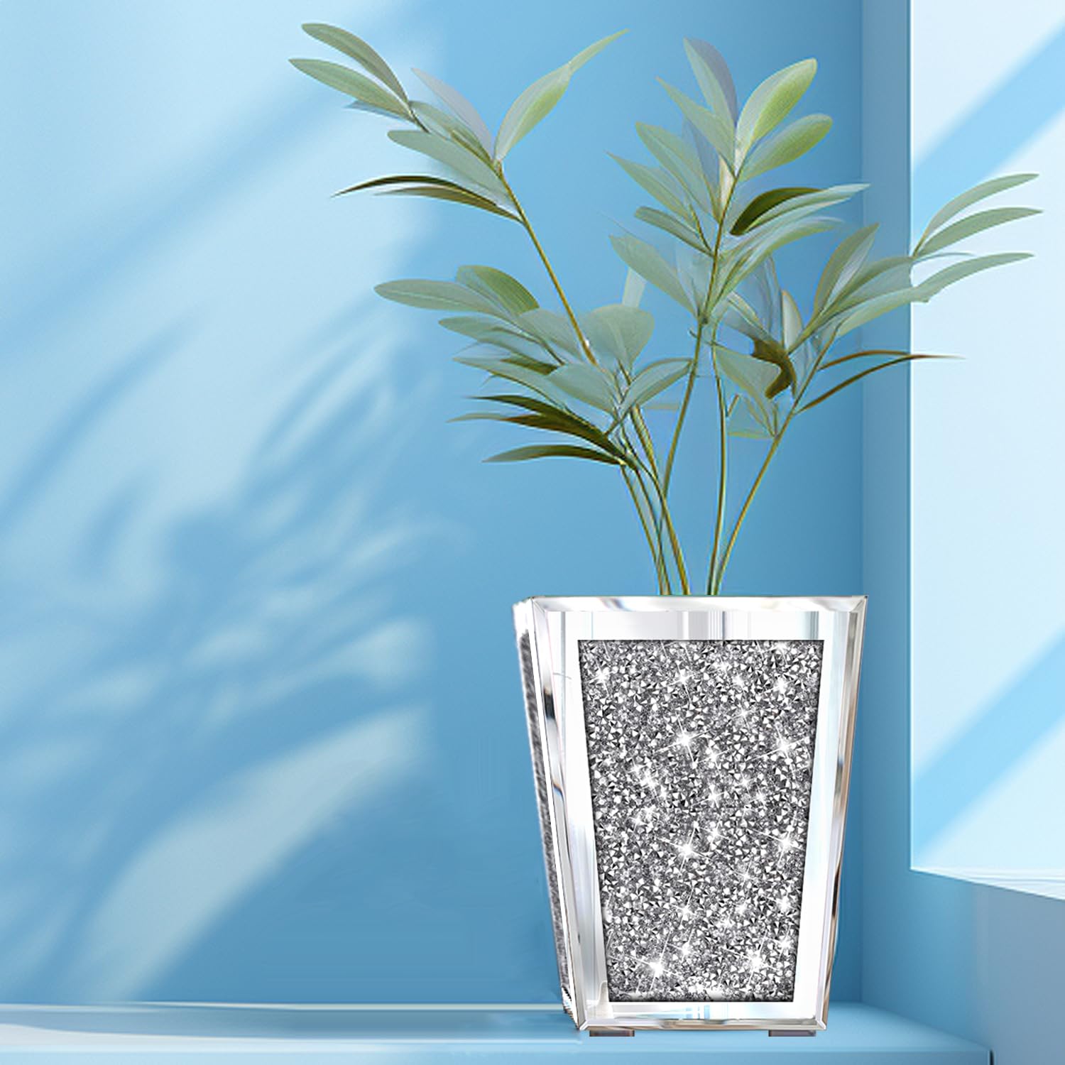 Meetart Crushed Diamond Mirrored Planter, Crystal Silver Glass Decorative Mirror Luxury Flower Pot ,with Drainage Hole and Tray for All House Plants, Succulents, Flowers, and Cactus.